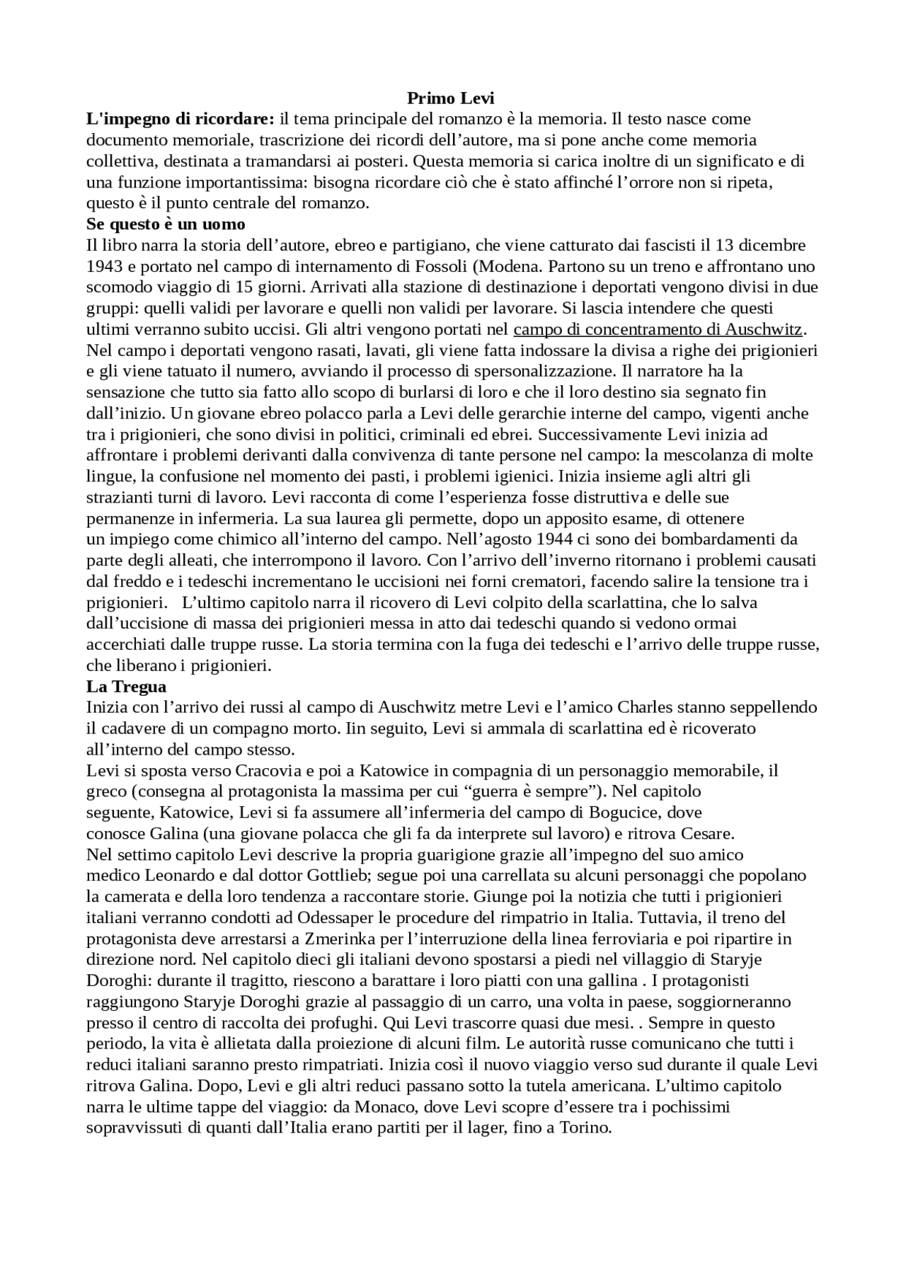 Riassunto Sulla Vita E Sulle Opere Di Primo Levi Docsity