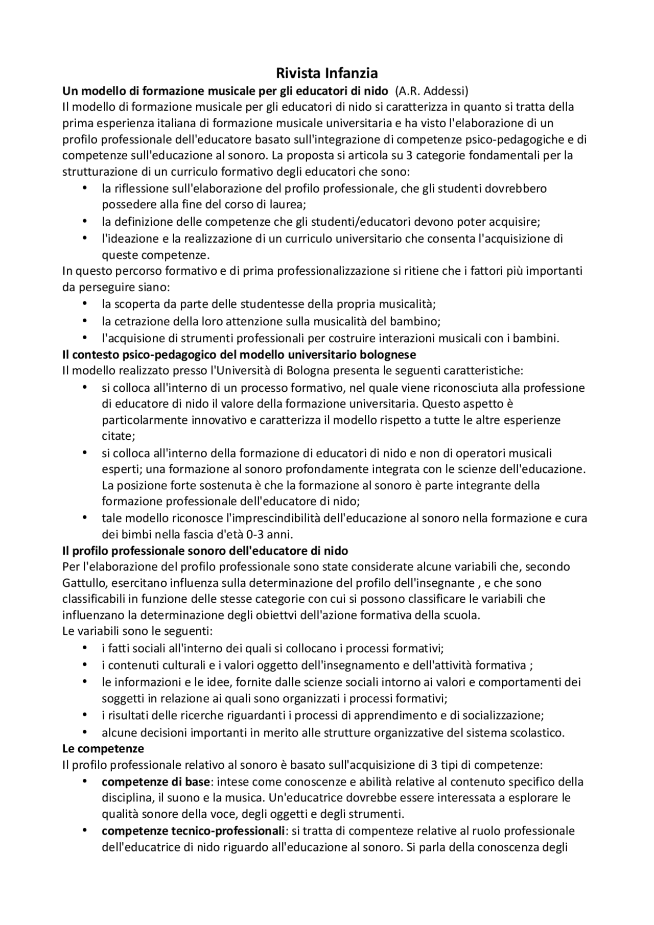 Educazione Al Sonoro Nella Prima Infanzia Docsity