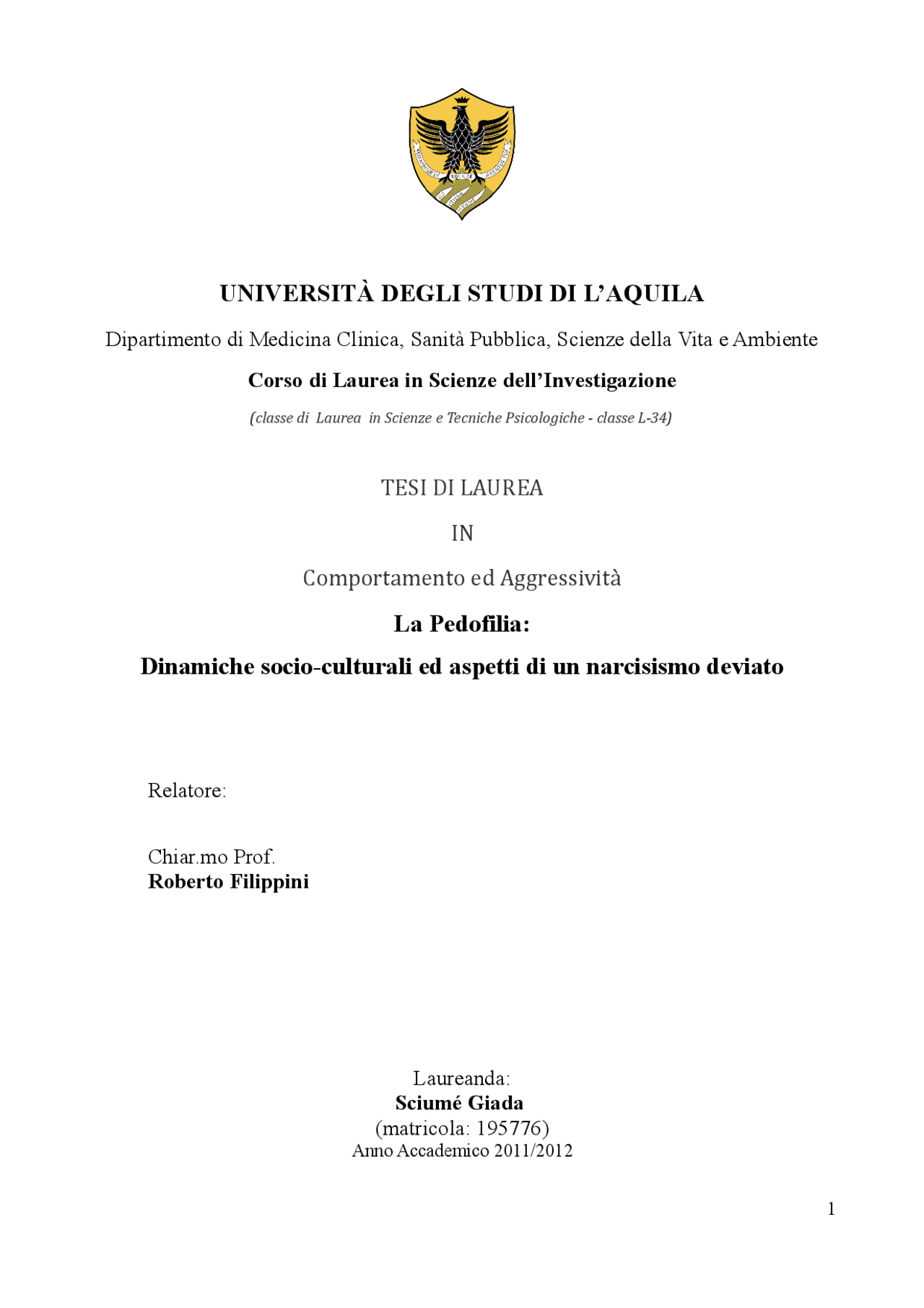 Tesi Di Laurea Sulla Pedofilia Tesi Di Laurea Di Scienze Del