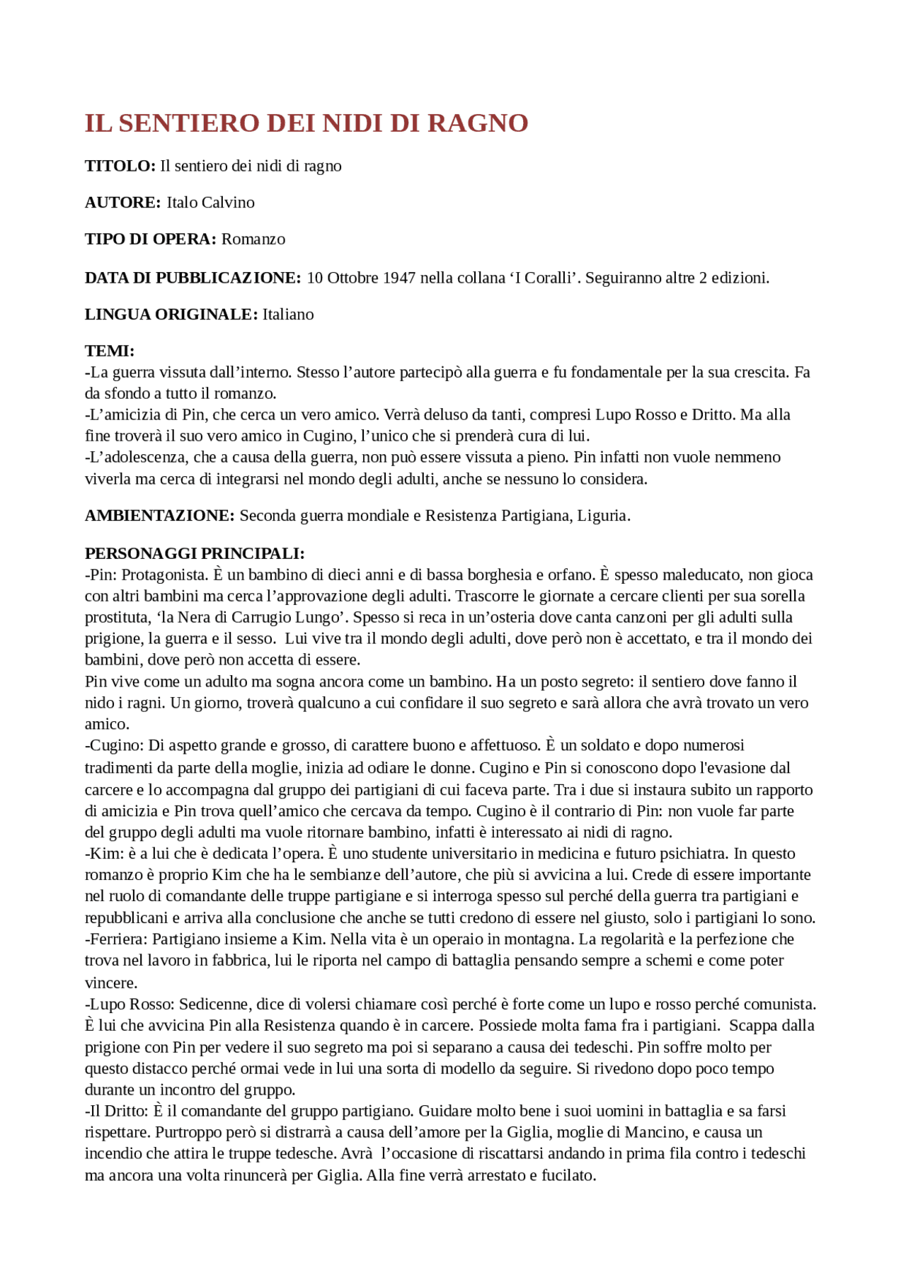 Il Sentiero Dei Nidi Di Ragno Docsity