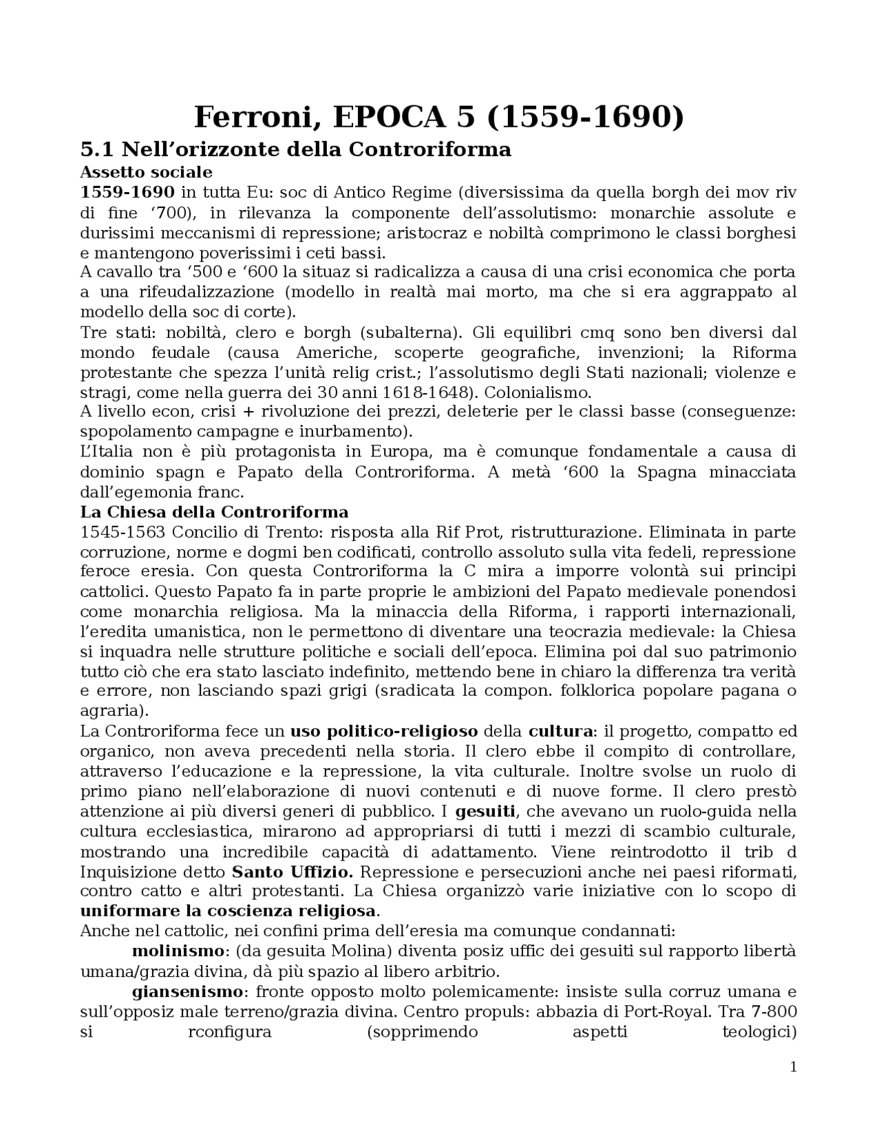 Ferroni Epoca 5 Riassunto Docsity