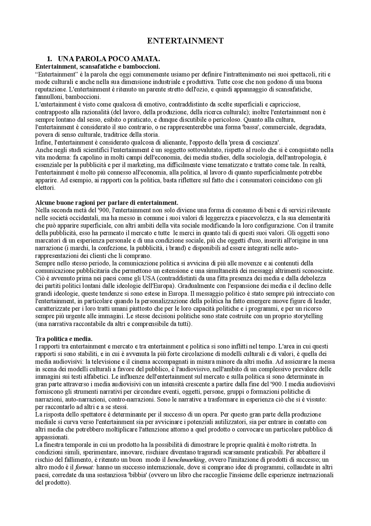 Riassunto Entertainment Di Menduni Docsity