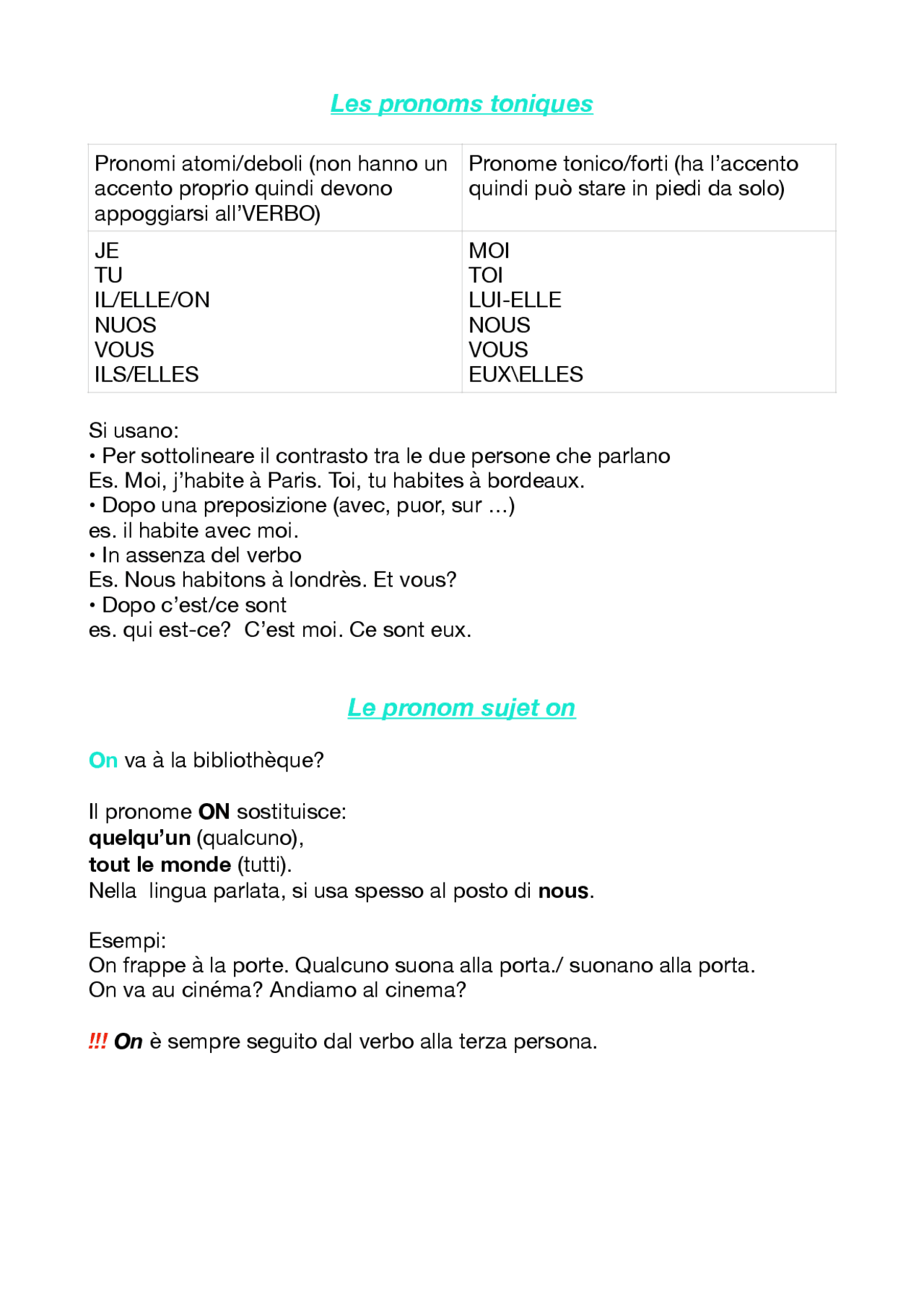 Pronomi personali in francese - Docsity