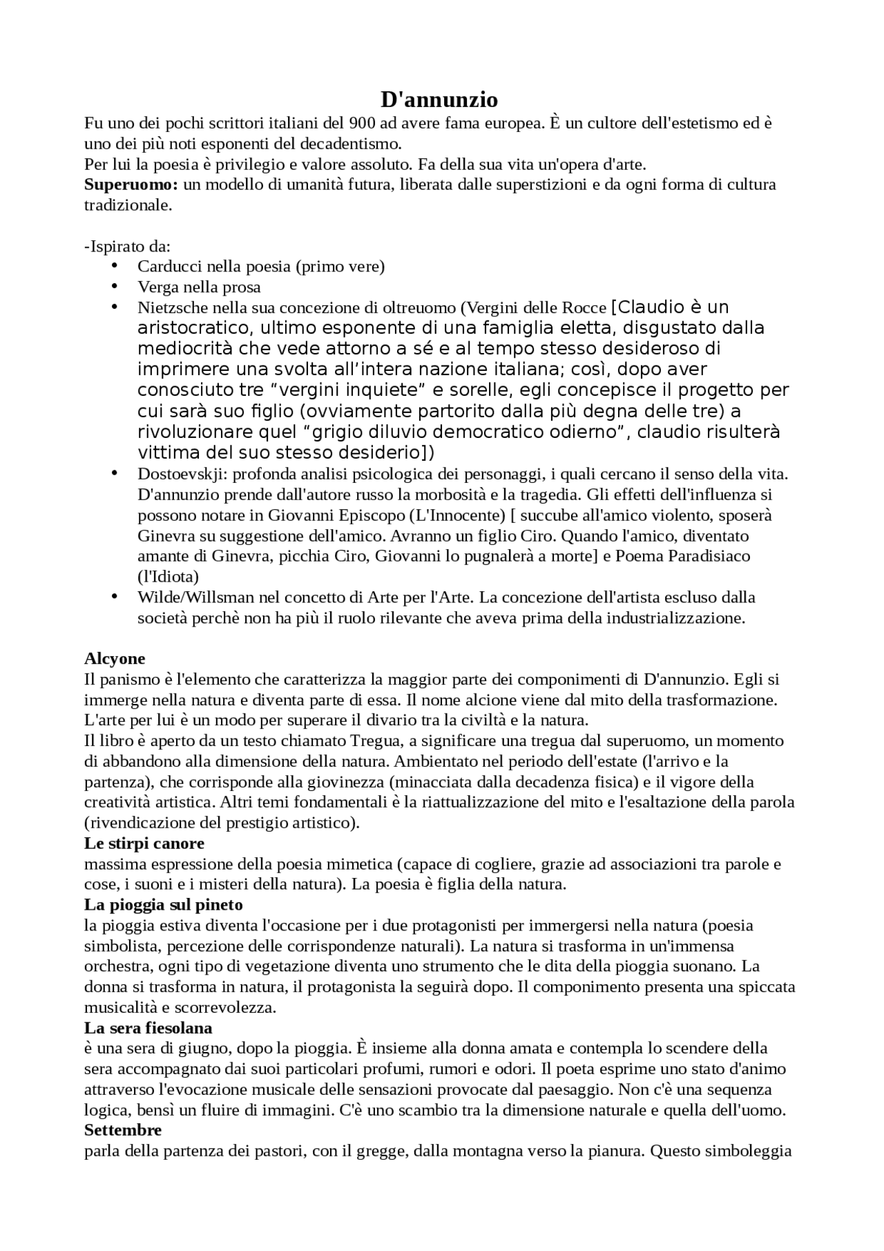 Riassunto Sulla Vita E Sulle Opere Di Dannunzio Docsity