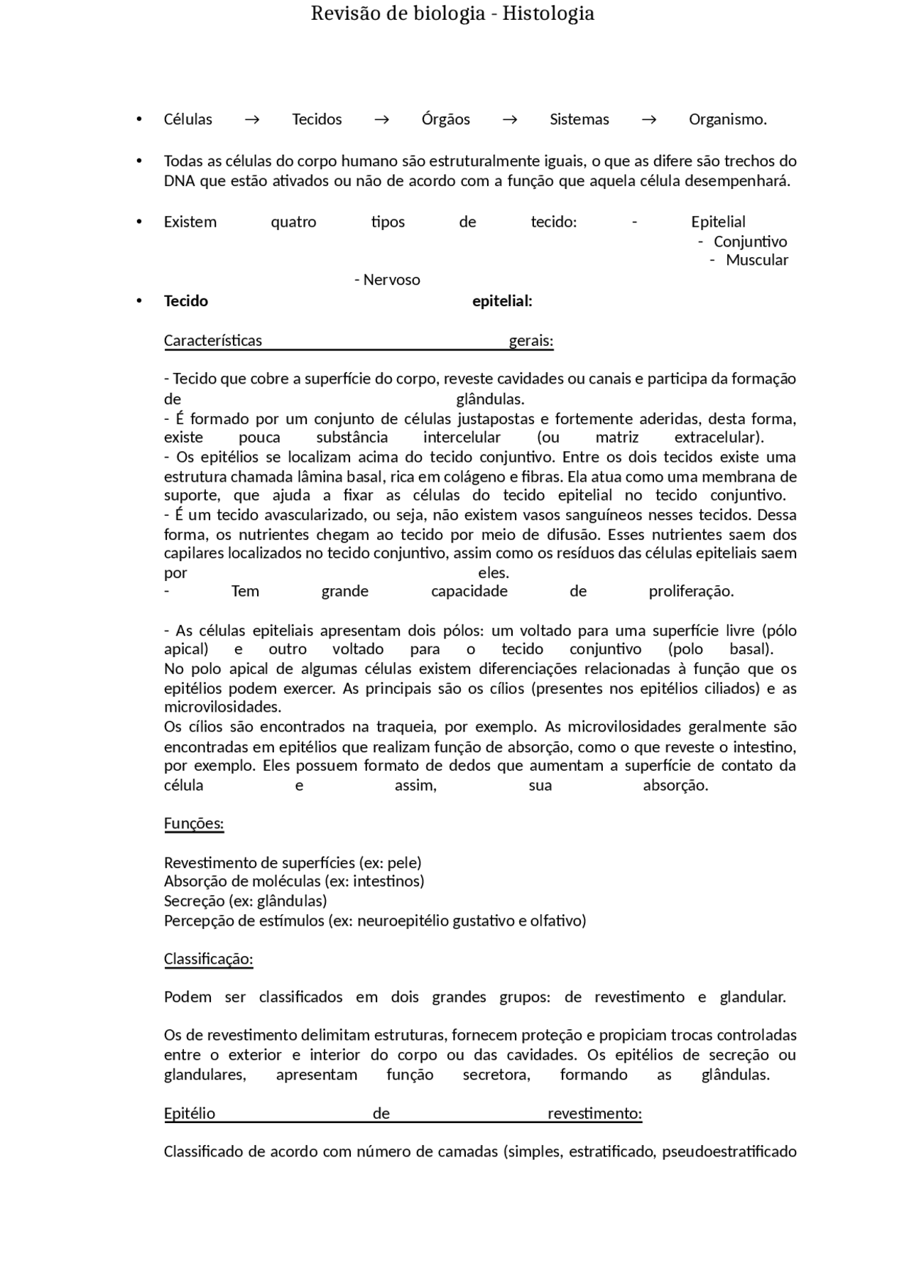 Resumo De Biologia Histologia Docsity