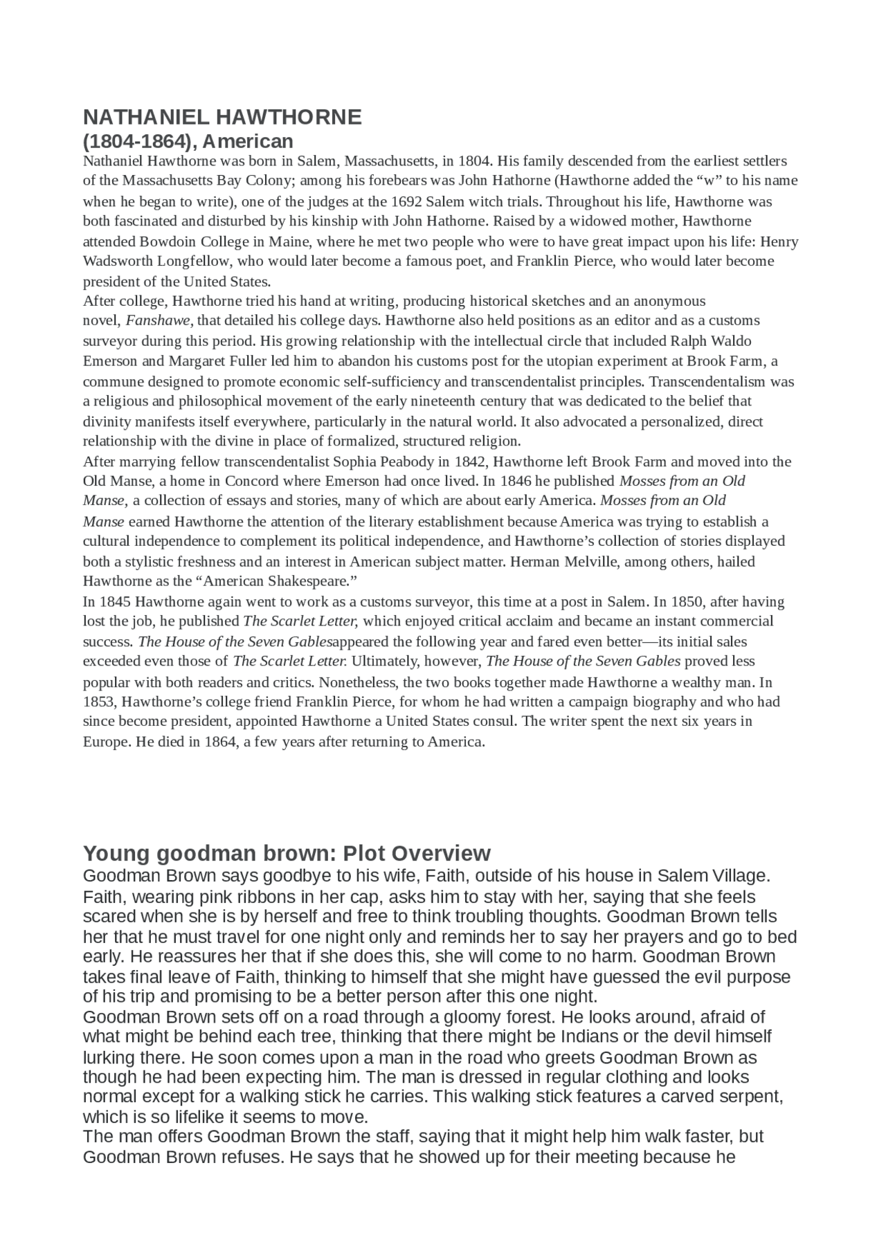 Nathaniel Hawthorne Short Stories Docsity