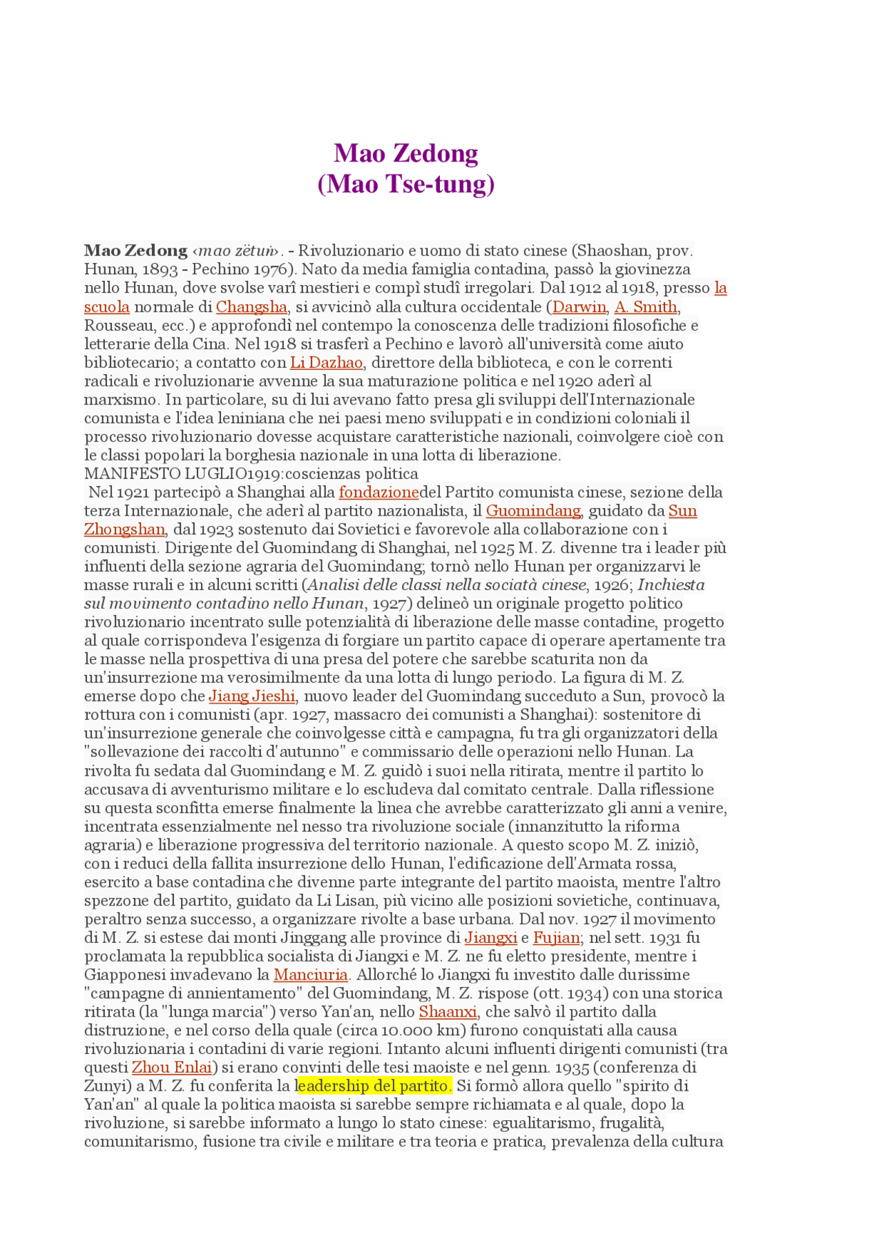 Sintesi Della Biografia Di Mao Zedong Docsity