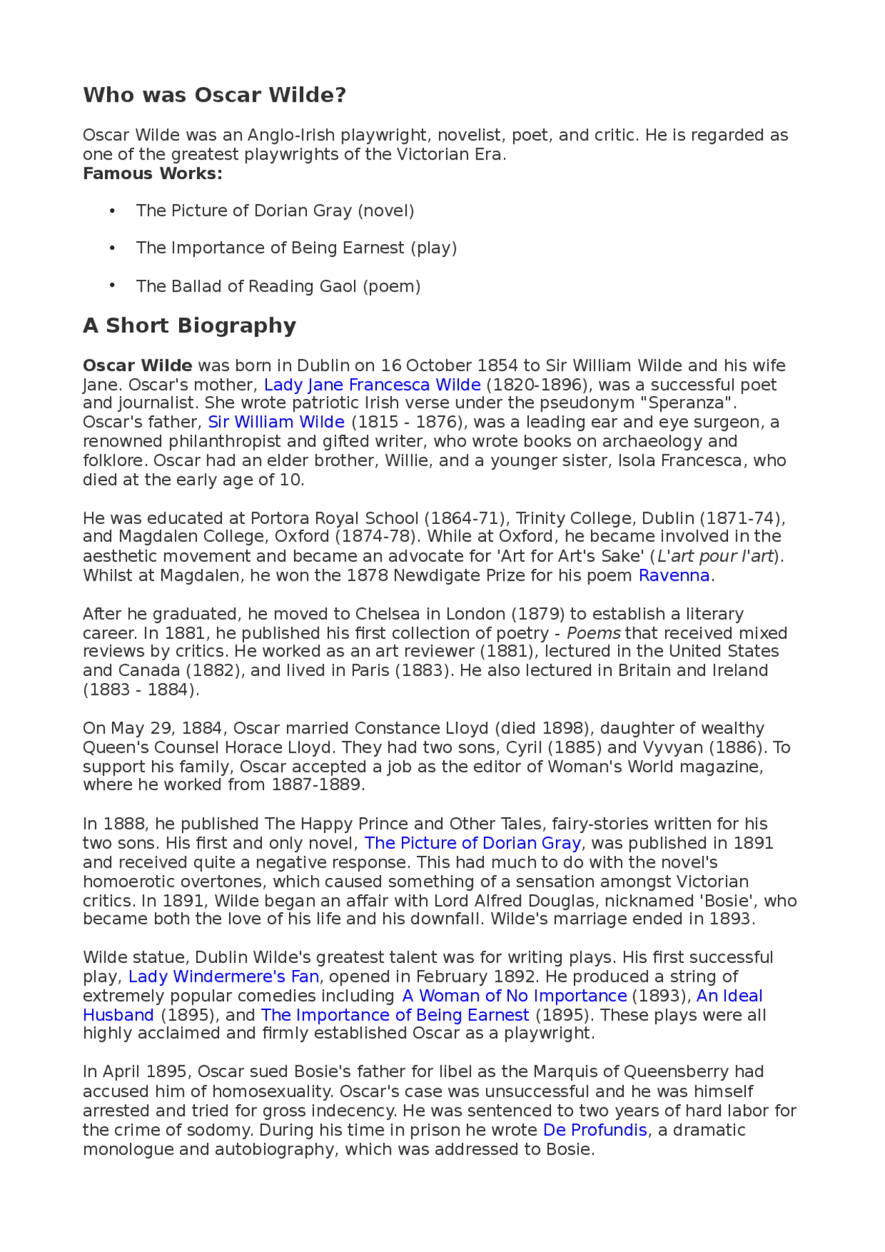 Oscar Wilde: biography and works - Docsity