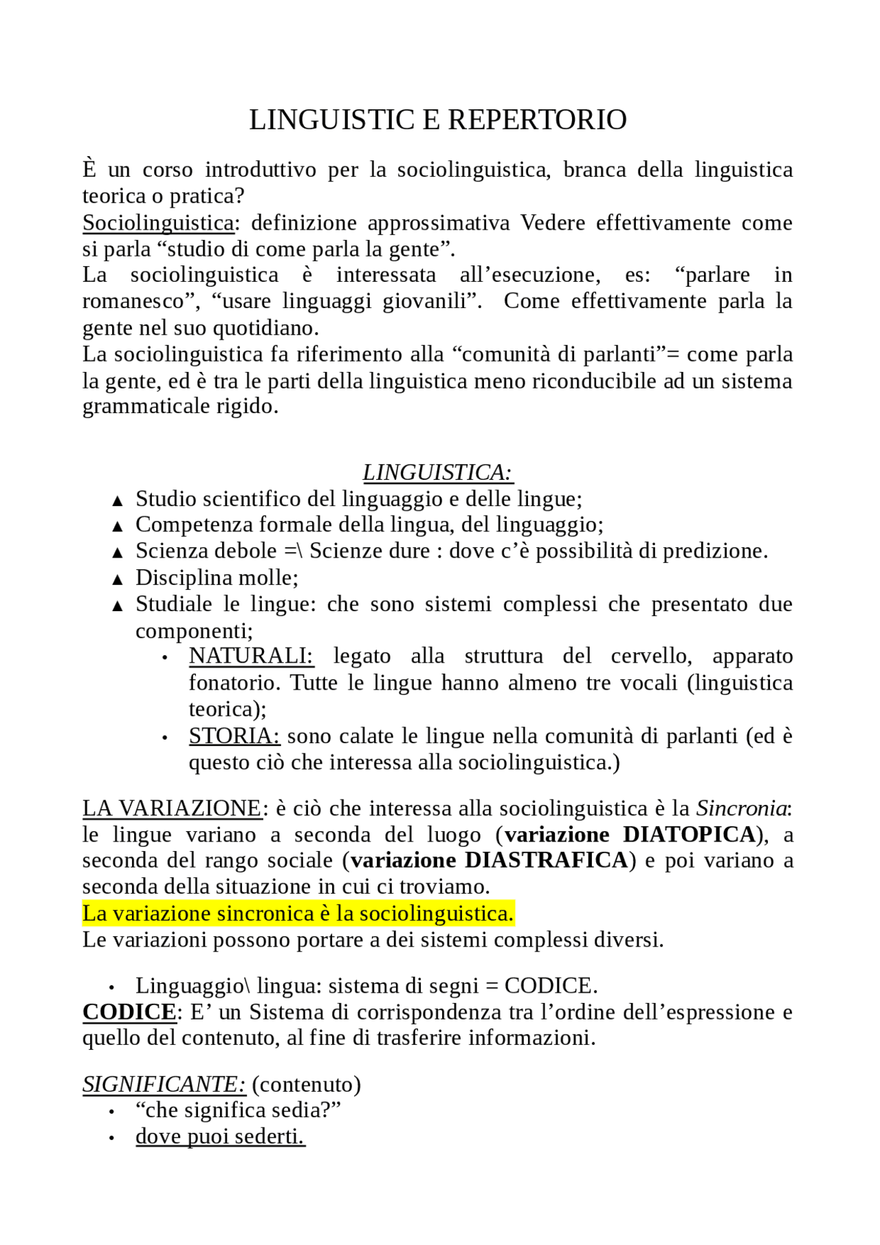 Linguistica E Repertorio Docsity