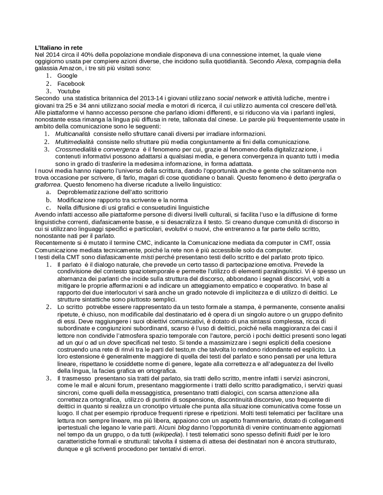Litaliano In Rete Riassunto Litaliano In Rete Usi E Generi Della