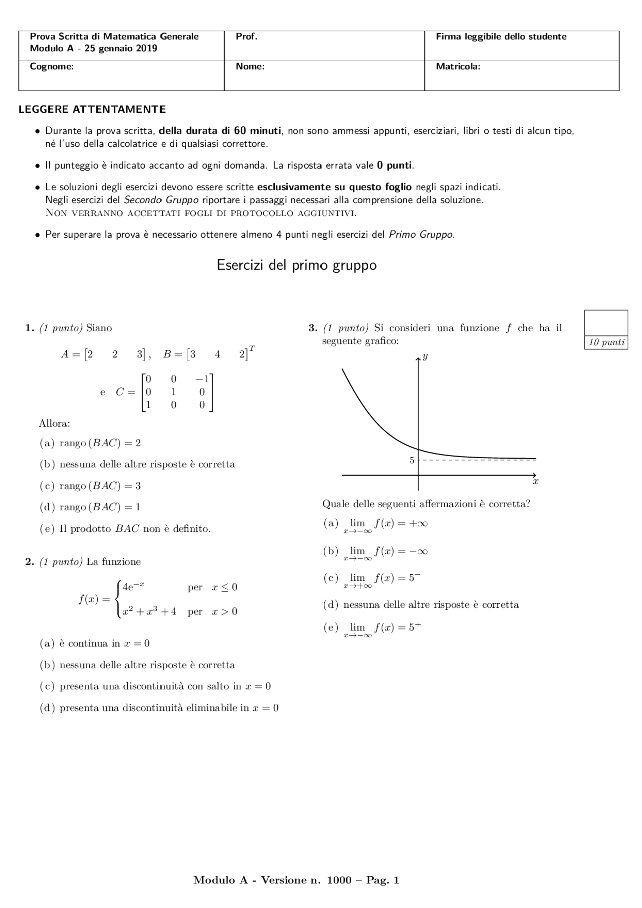 Simulazione Esame Matematica Docsity