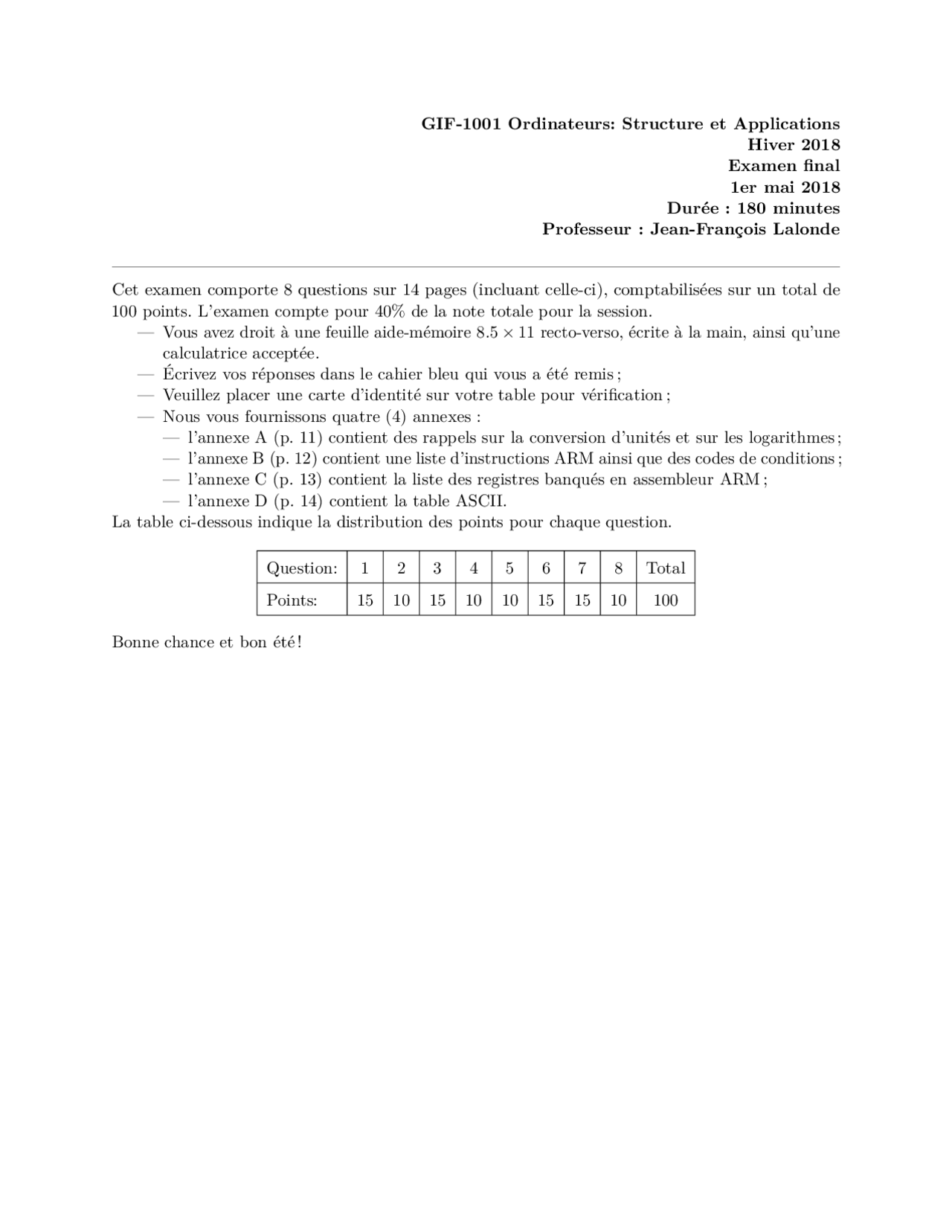 1001 Ordinateurs Structure Et Applications Examen Final Hiver