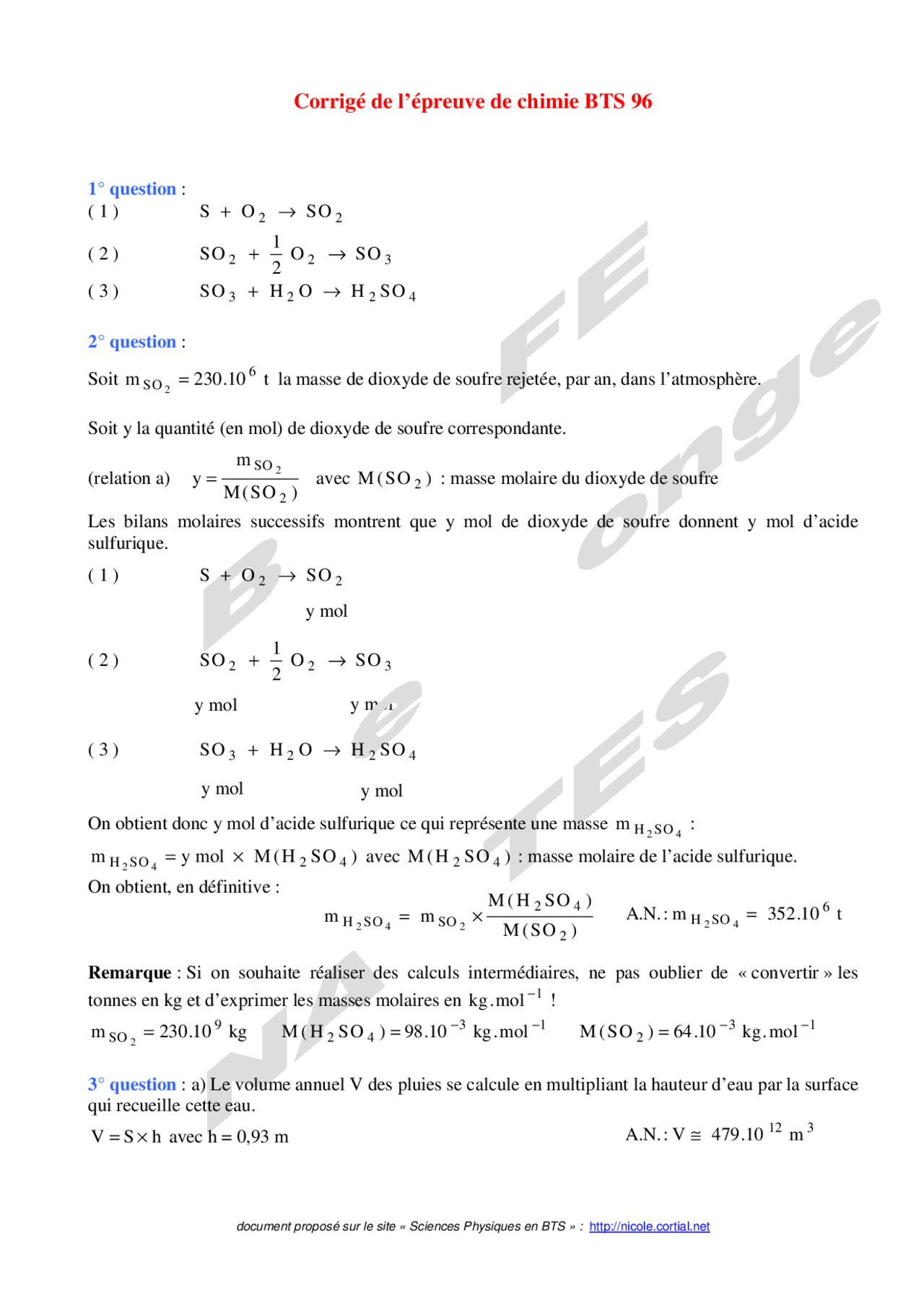 Corrigé de l’épreuve de chimie BTS 96 - Docsity