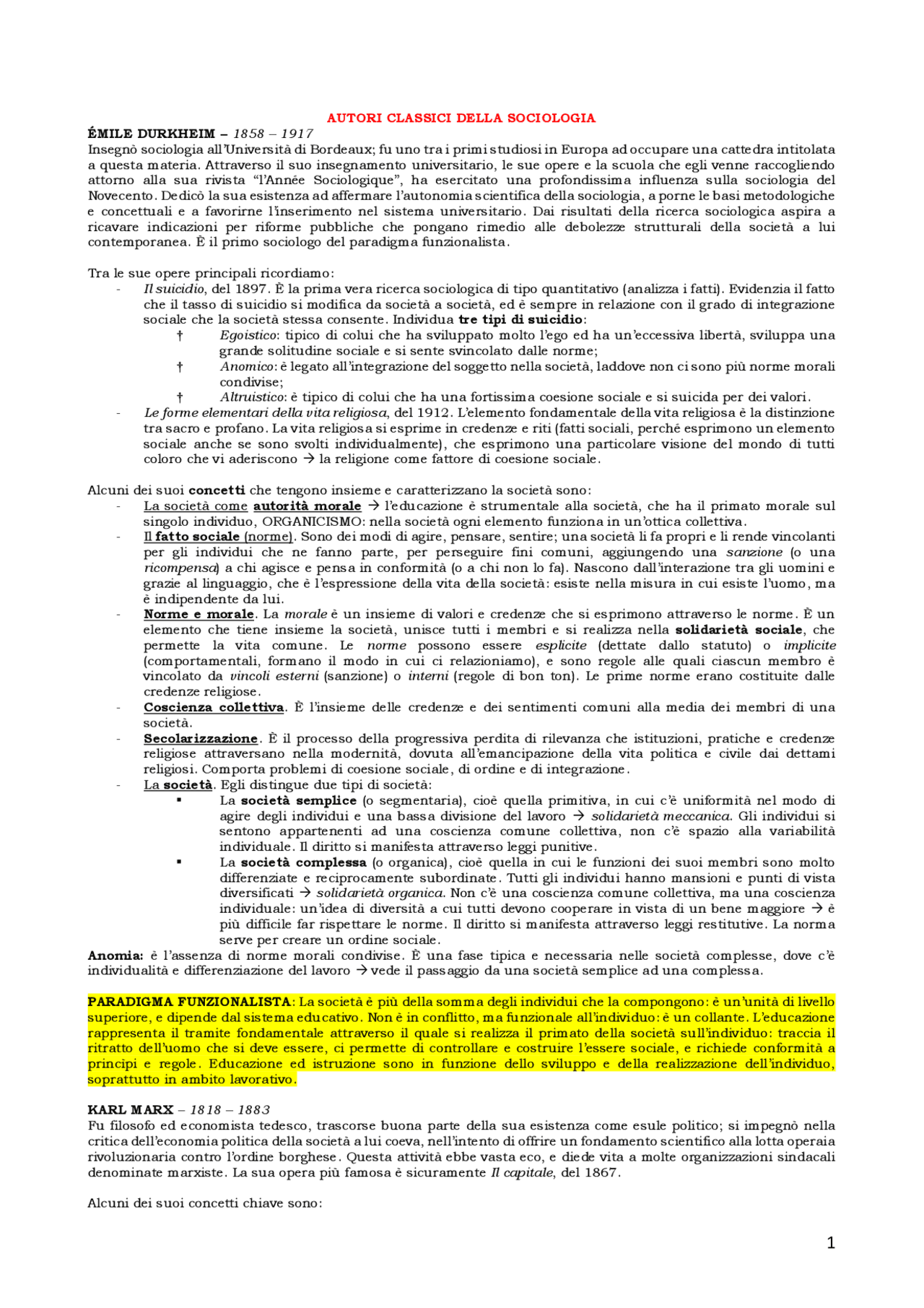 Autori Classici Della Sociologia Delleducazione Docsity