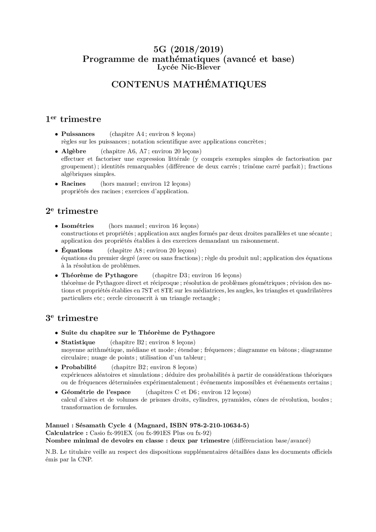 Programme de mathématiques avancé et base 5G 2018/2019: contenus - Docsity