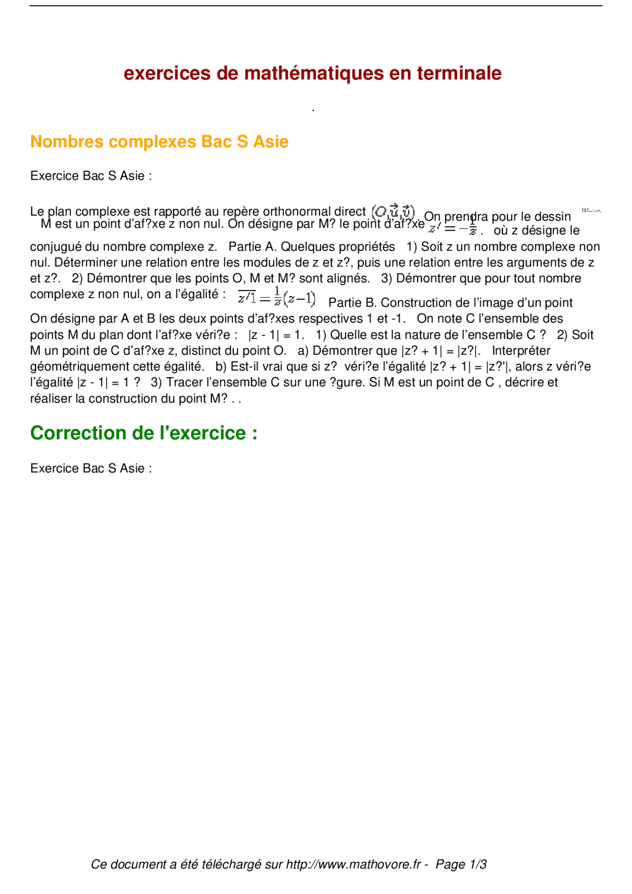 Exercices De Mathématiques En Terminale Bac S Asie Docsity