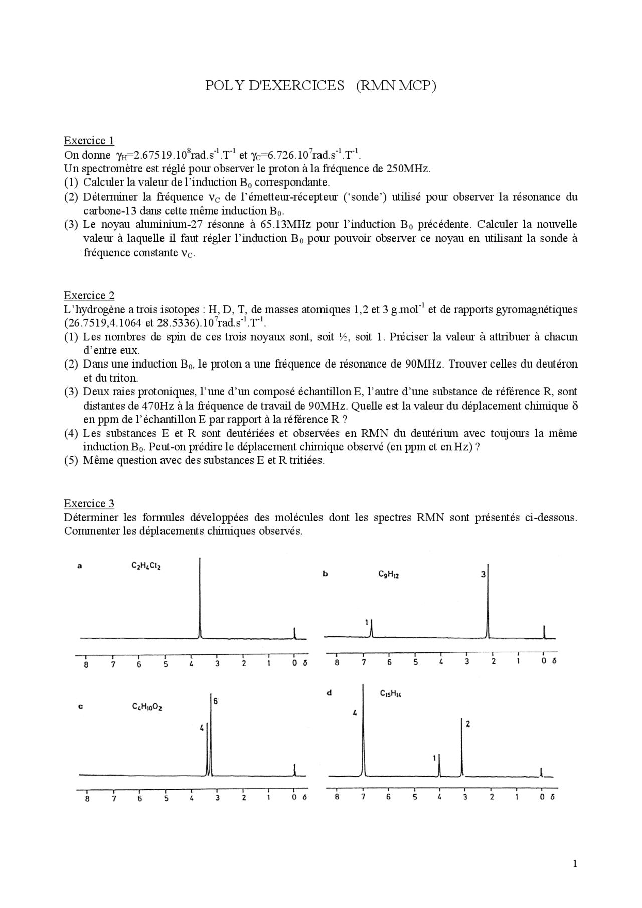 Poly d'exercices (rmn mcp) | Exercices Chimie | Docsity