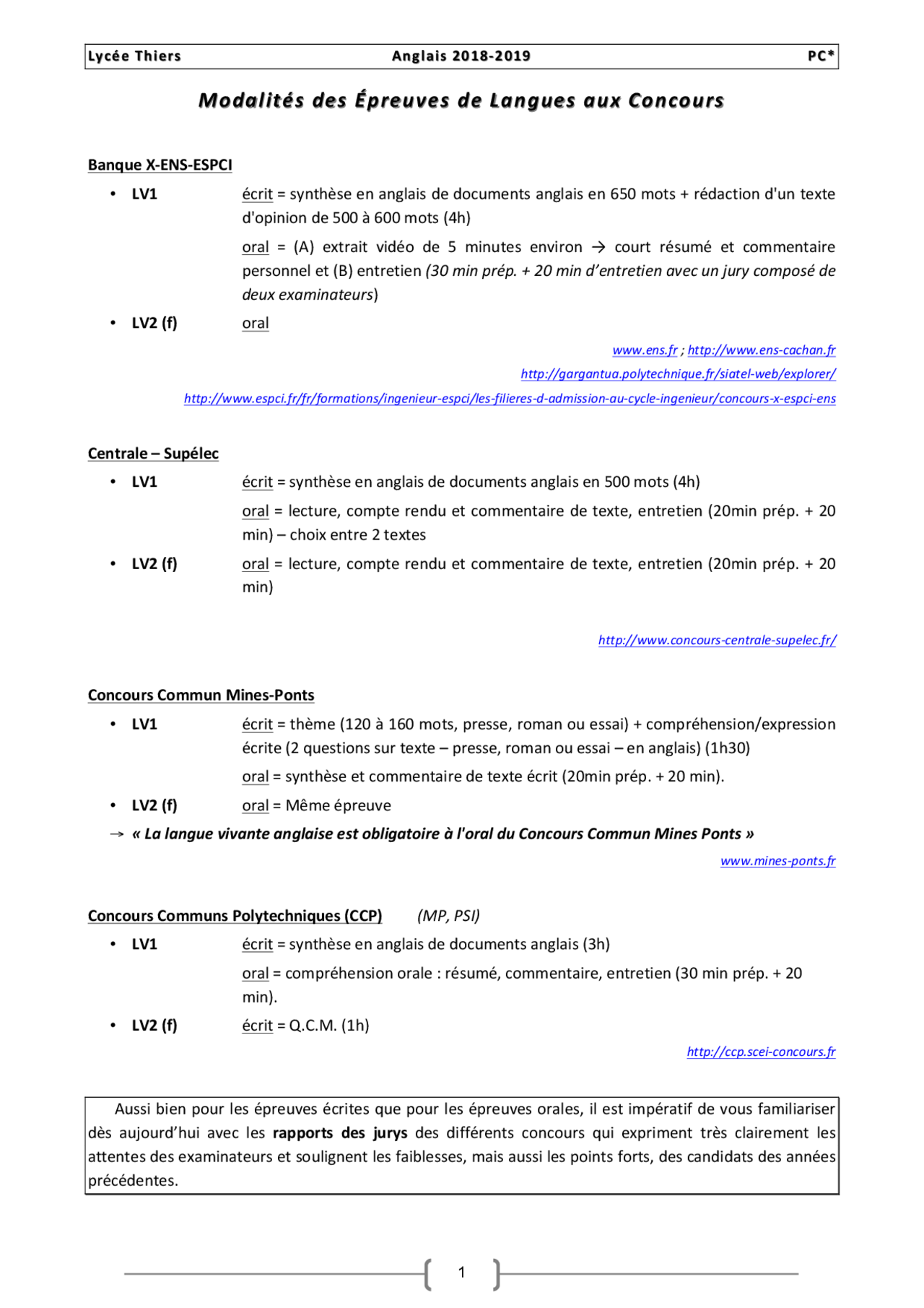 Modalités Des Épreuves De Langues Aux Concours Docsity
