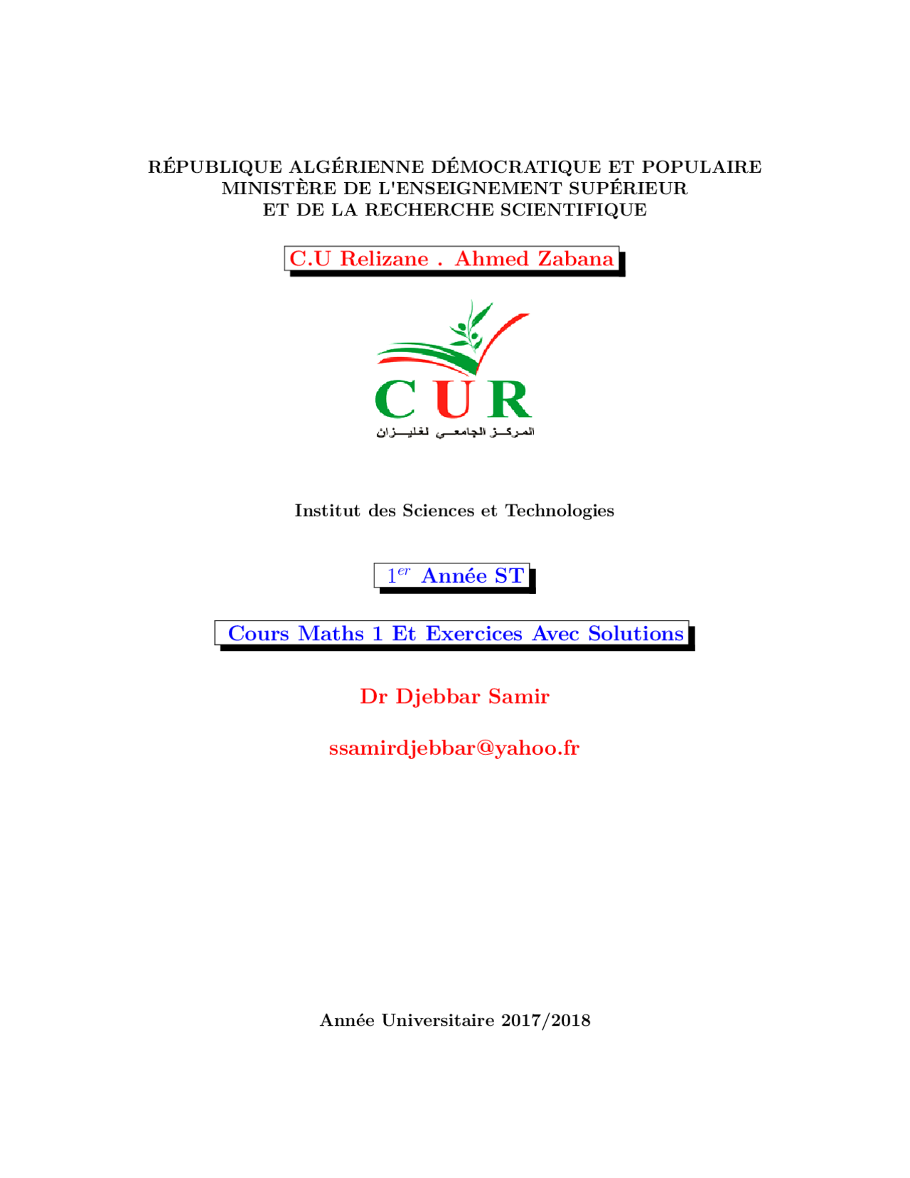 Cours Maths 1 Et Exercices Avec Solutions Docsity
