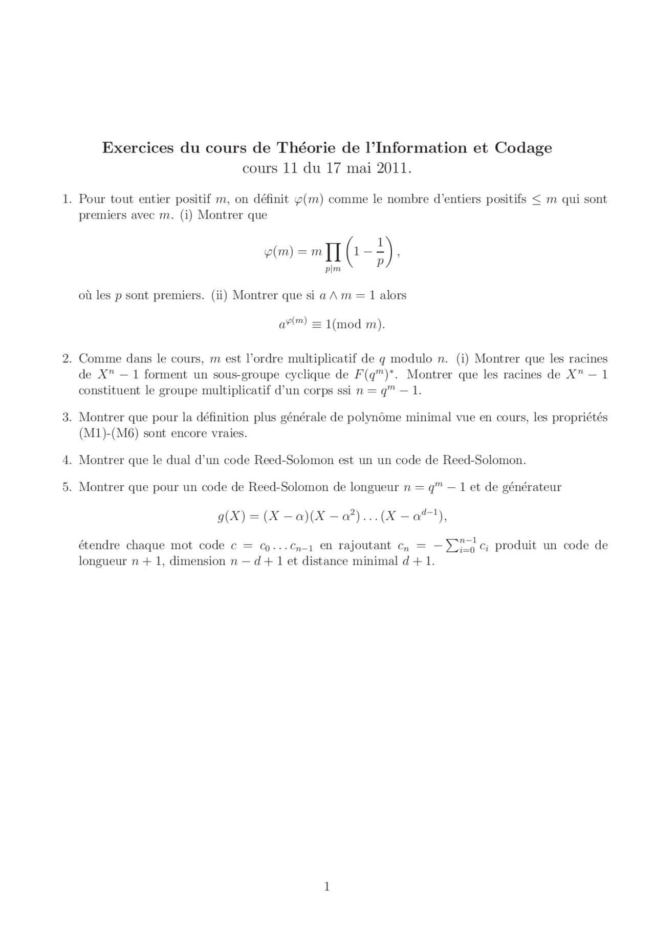 Exercices du cours de Théorie de l’Information et Codage - Docsity