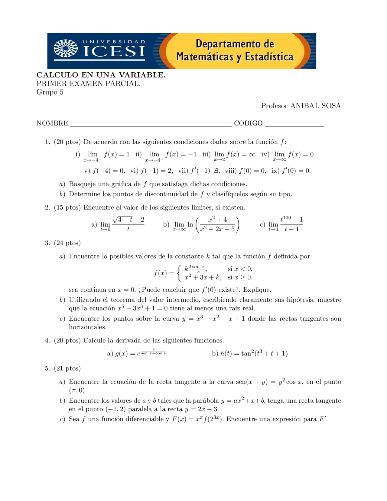 Calculo En Una Variable Primer Examen Parcial Docsity