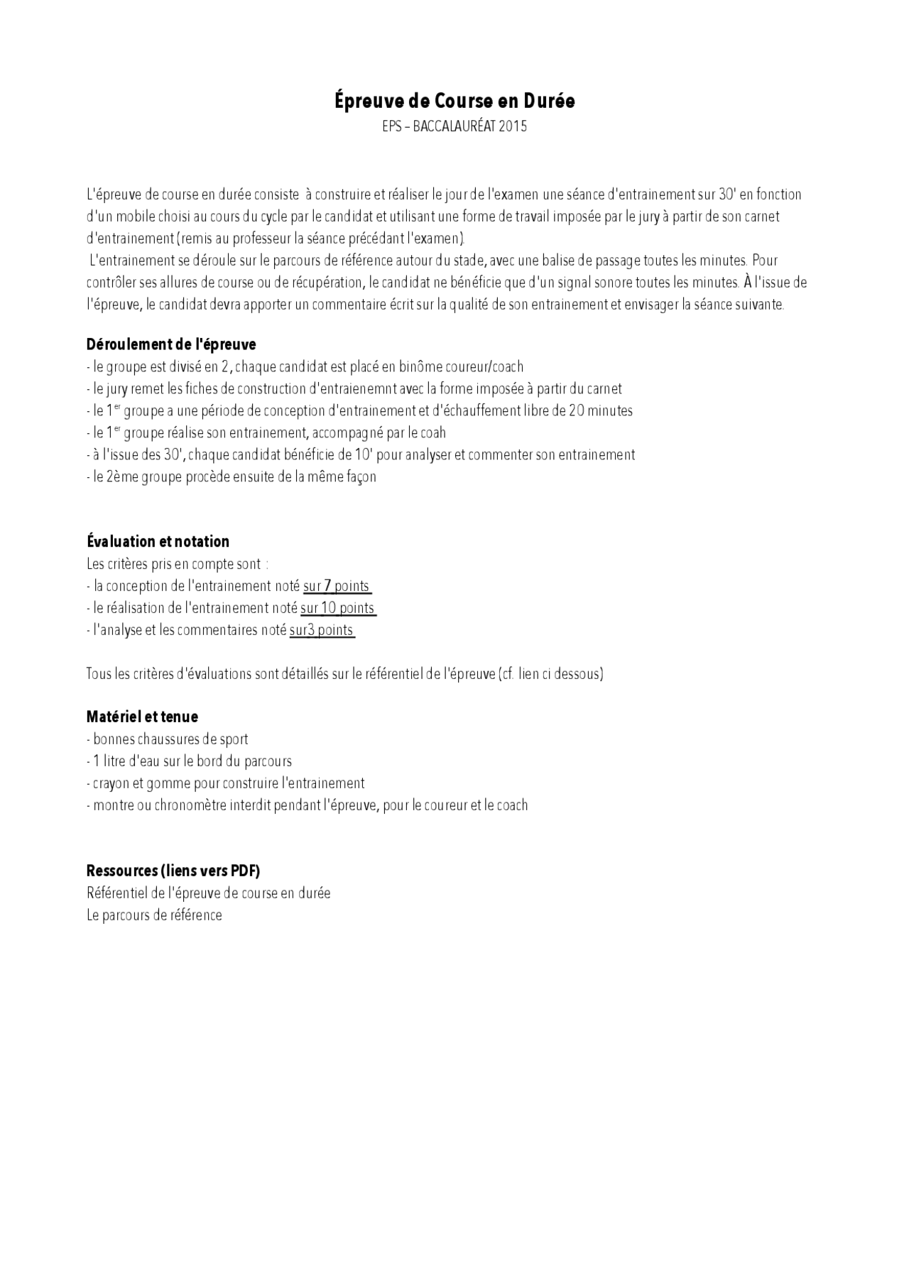 Épreuve de Course en Durée - EPS Baccalauréat 2015 - Docsity