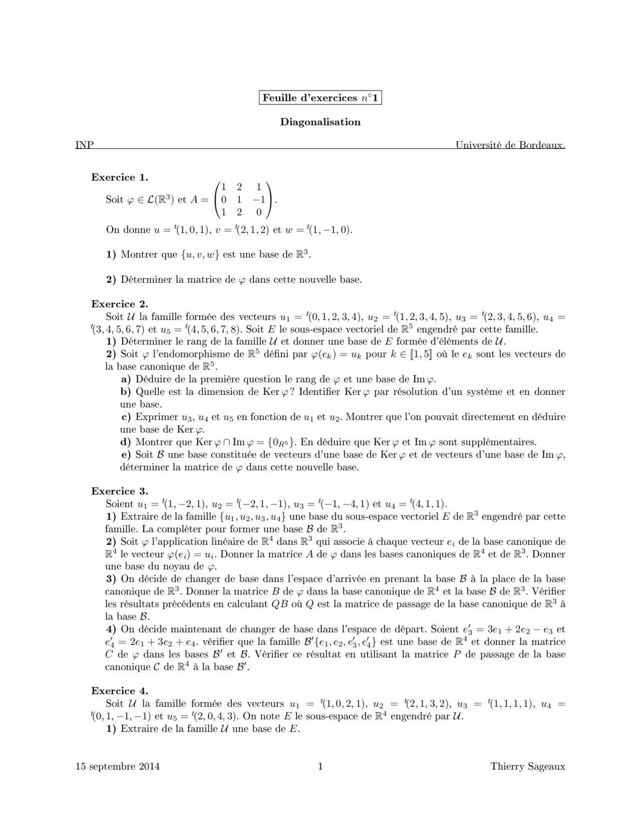 Feuille d'exercices n°1 sur la diagonalisation - Docsity