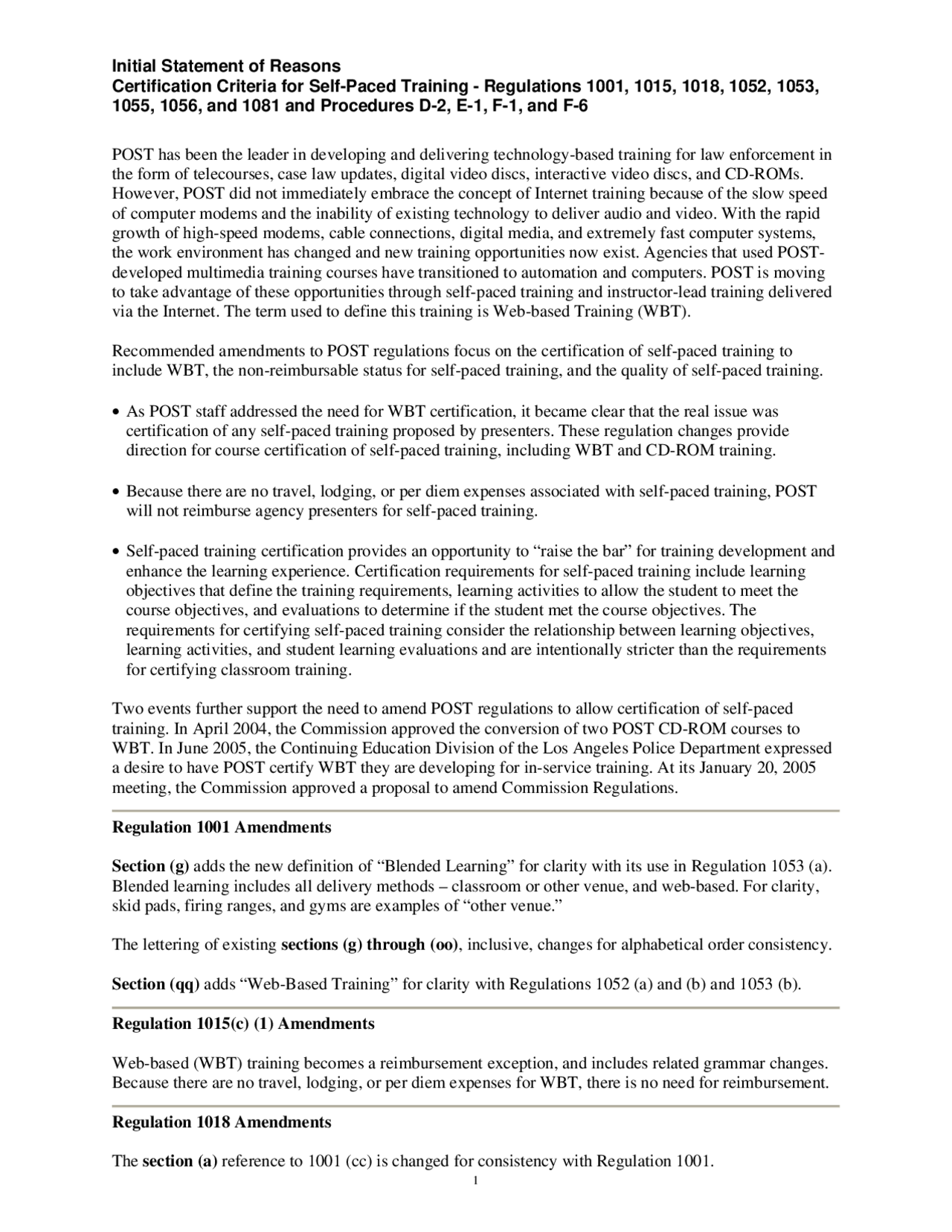 Initial Statement of Reasons. Certification Criteria for Self-Paced ...