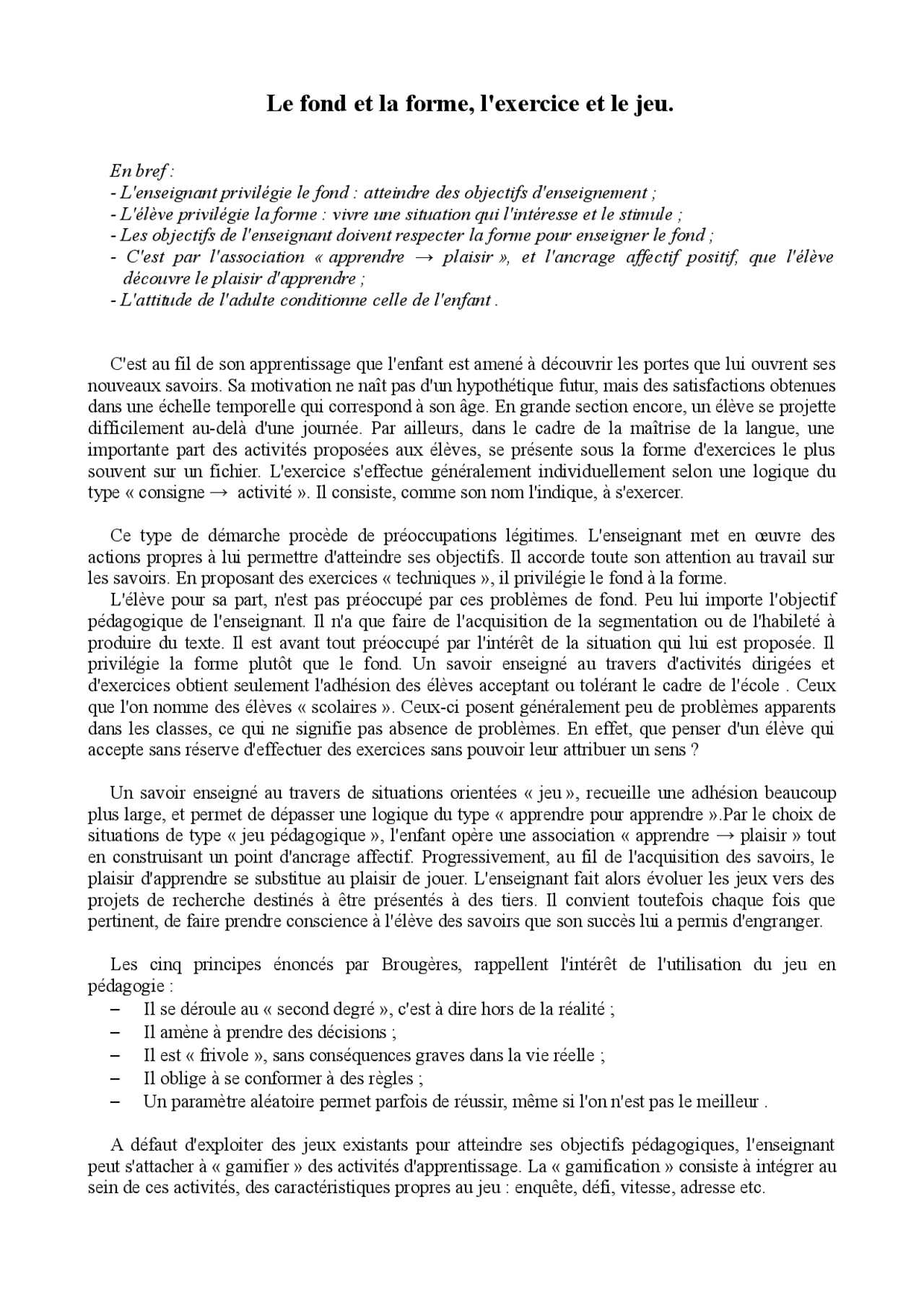 Le fond et la forme, l'exercice et le jeu - Docsity