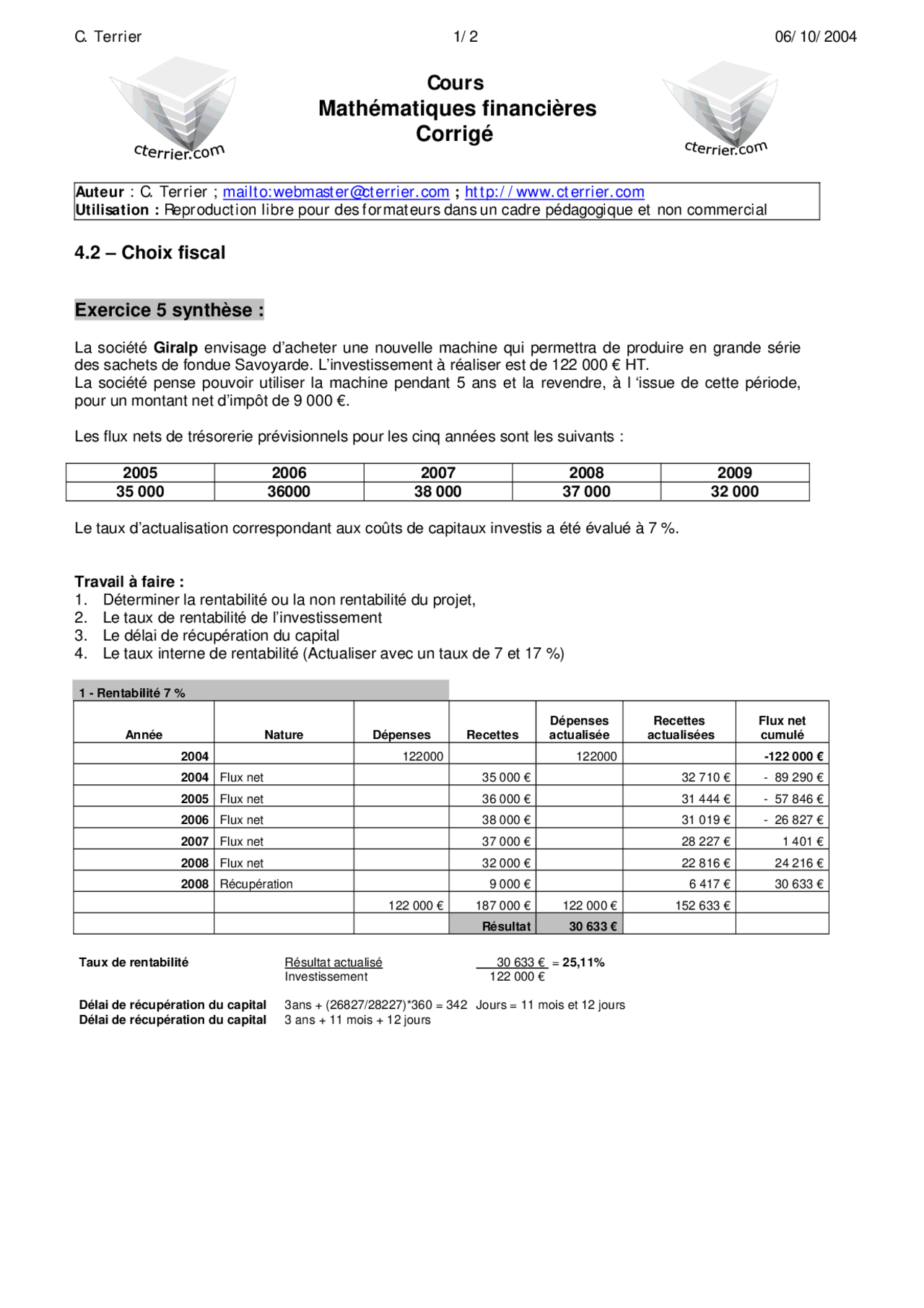 Cours Mathématiques Financières Corrigé Exercices Mathématiques