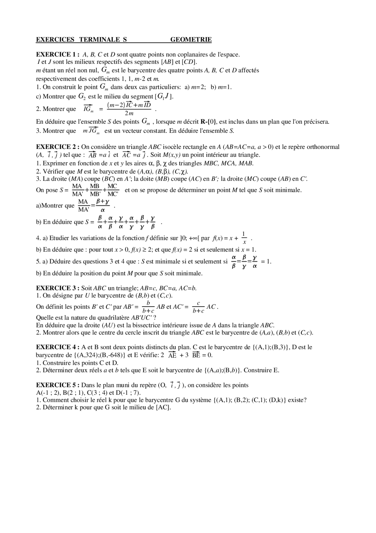 Exercices Terminale S Geometrie Docsity