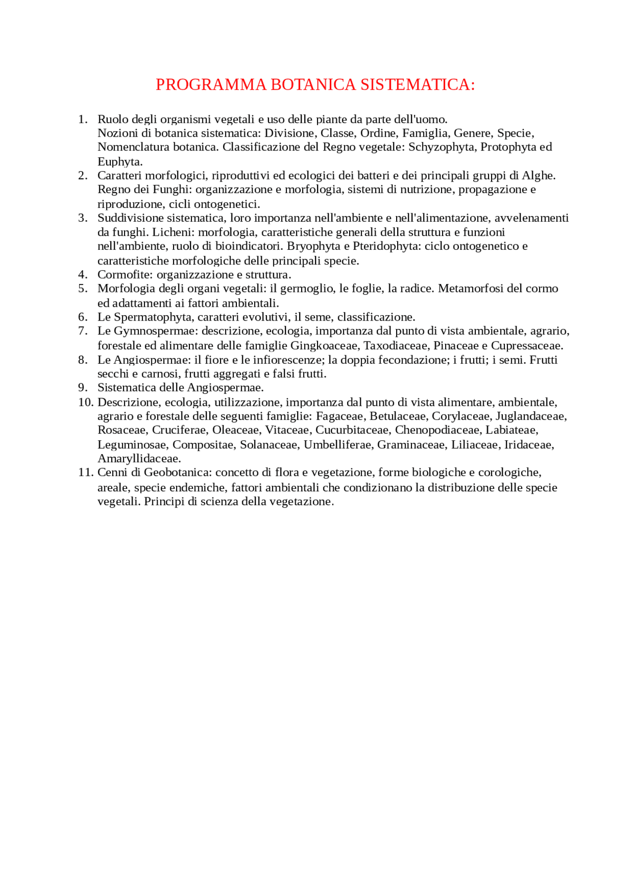 Programma Botanica Sistematica Docsity