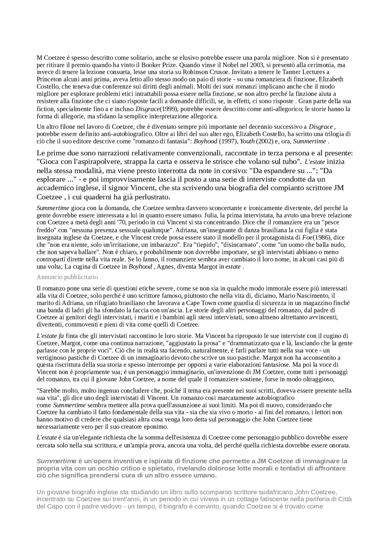 Riassunto Summertime Prof Bertinetti Docsity