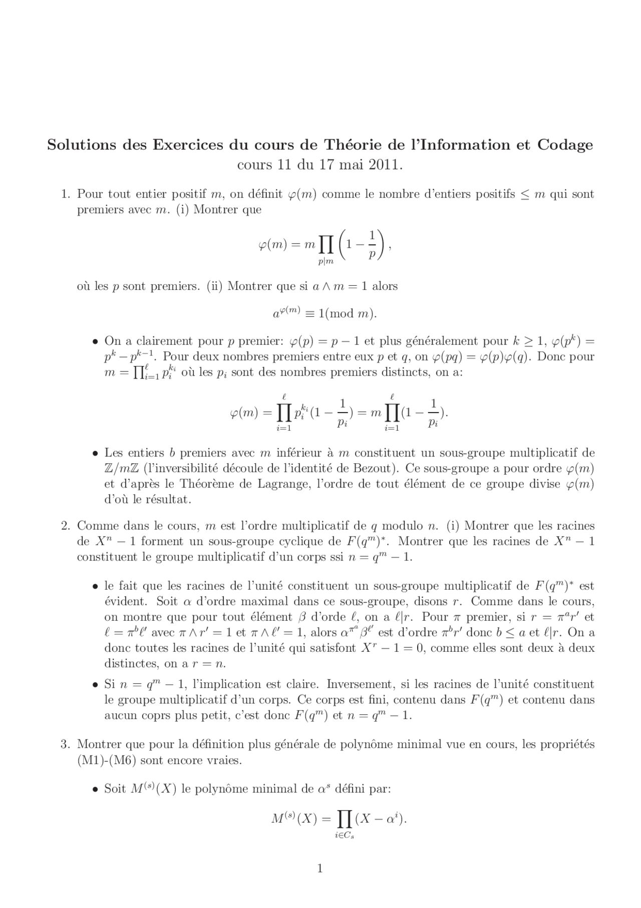 Solutions des Exercices du cours de Théorie de l’Information et Codage ...
