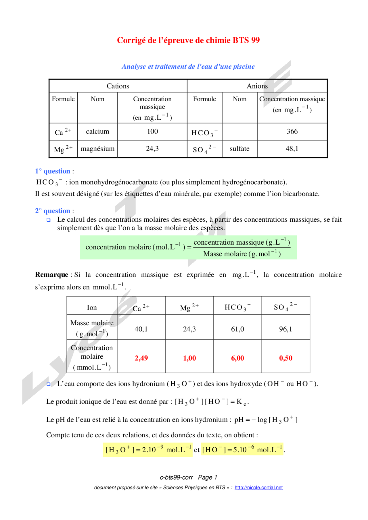 Corrigé De Lépreuve De Chimie Bts 99 Docsity