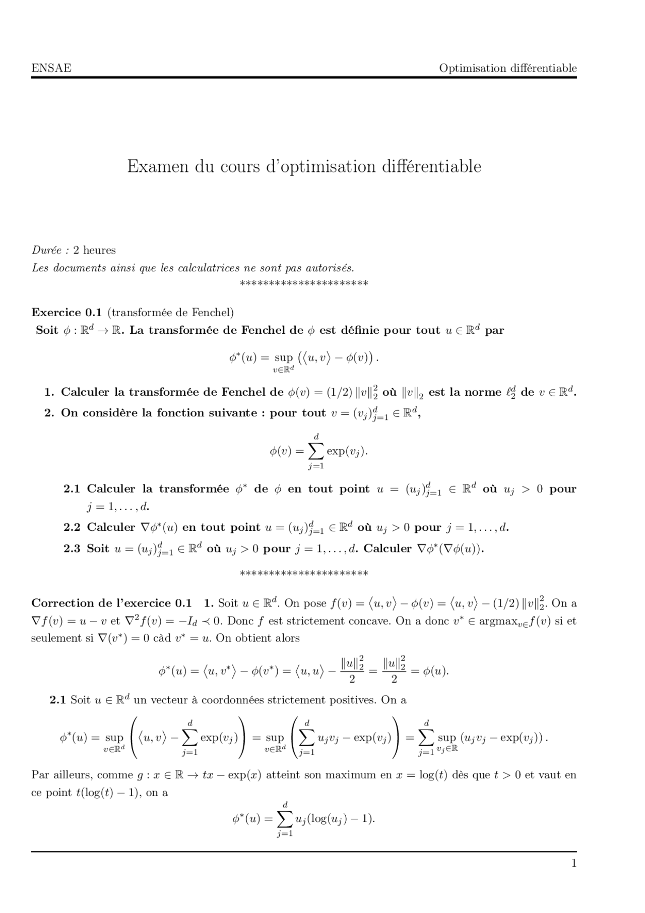 Examen du cours d’optimisation différentiable (ENSAE) - exercices et ...