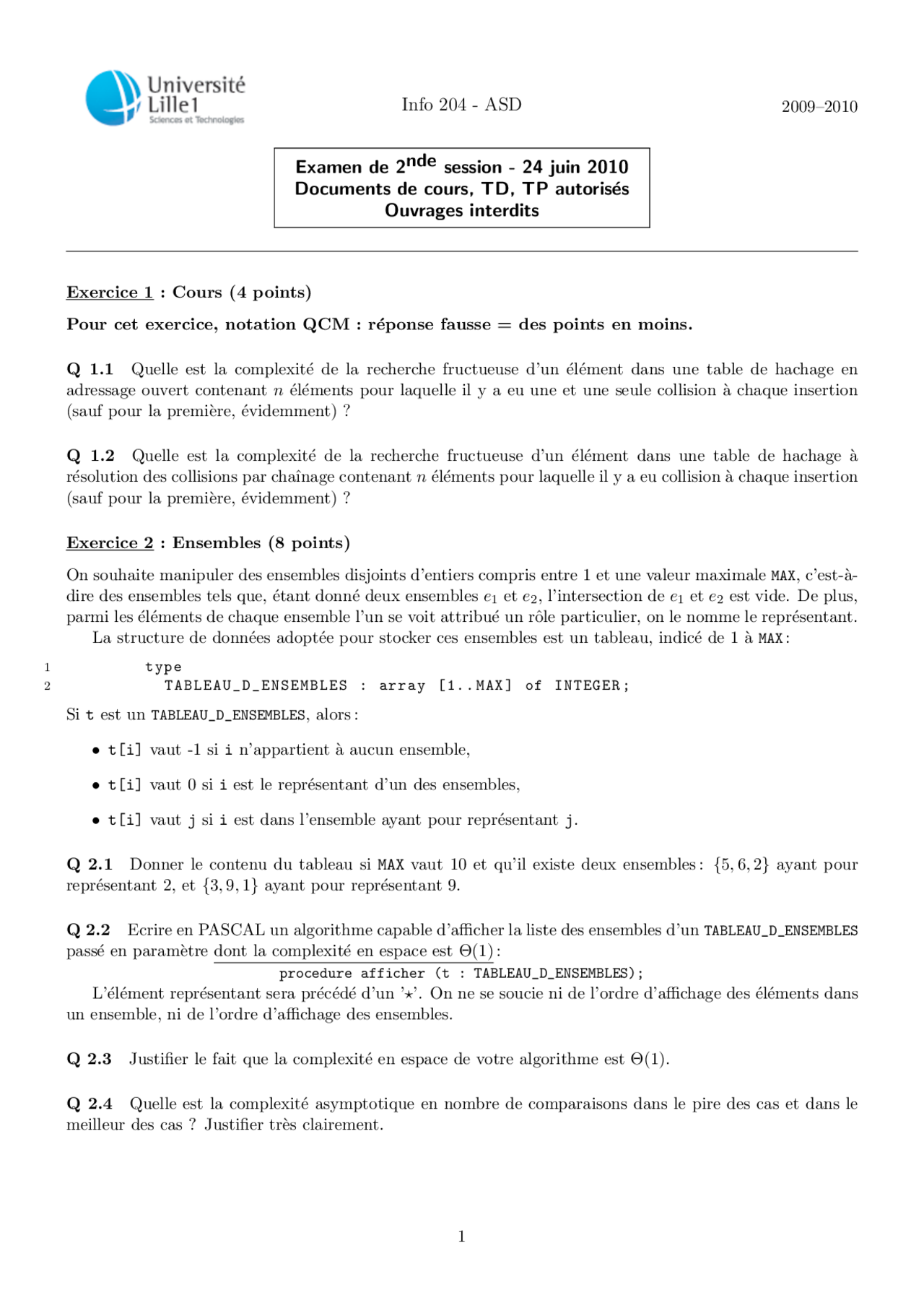 Info 204 Asd Examen De 2nde Session 2010 Exercices Et Questions