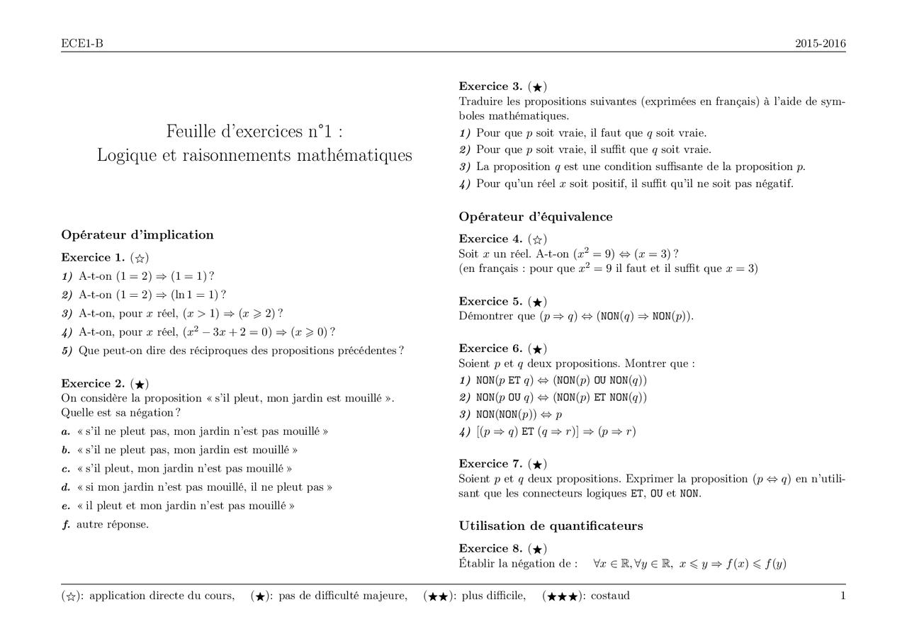 Feuille d'exercices: Logique et raisonnements mathématiques | Exercices ...