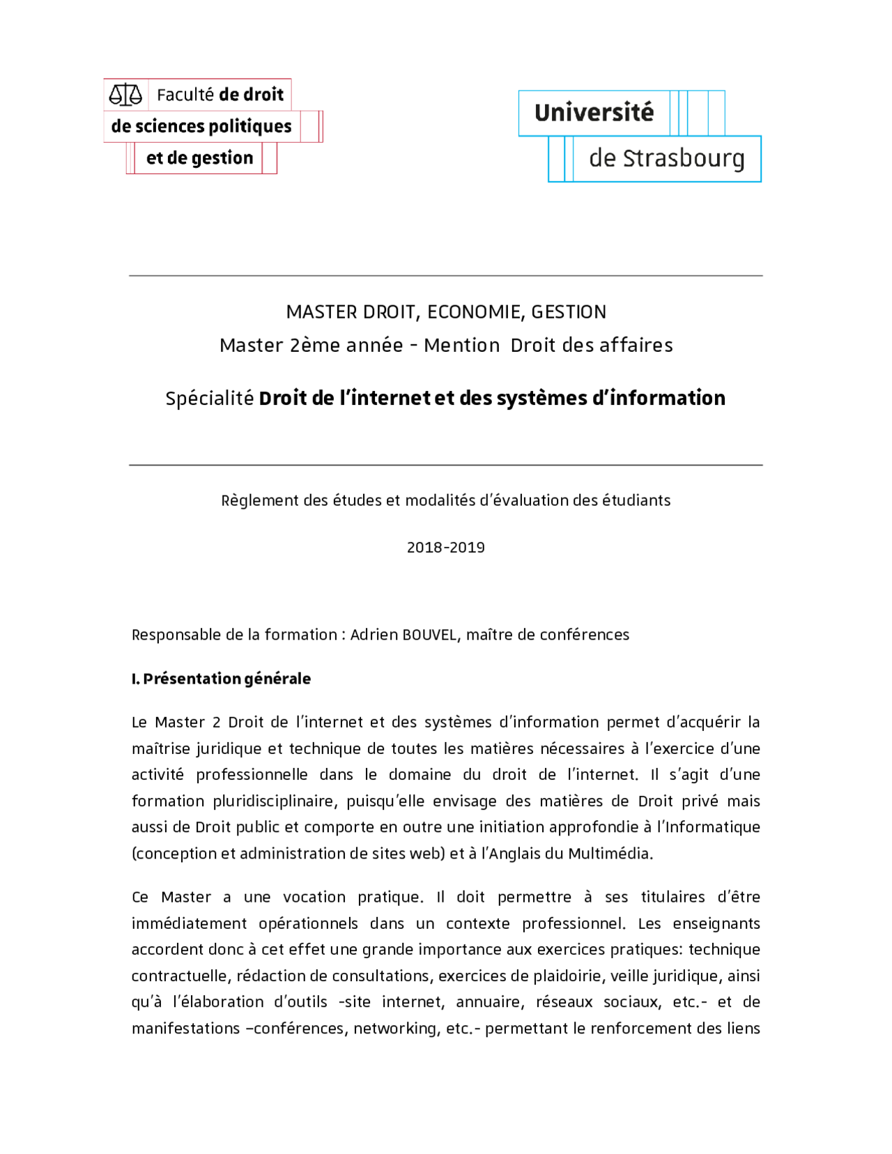 Règlement des études. Master formation initiale