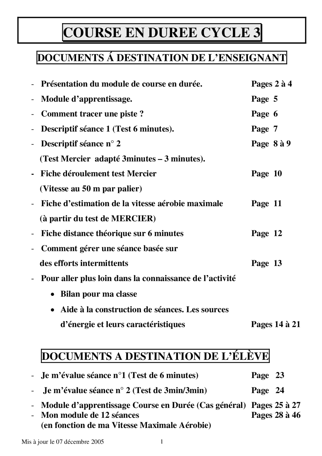 Course en durée cycle 3 - documents à destination de l'enseignant - Docsity