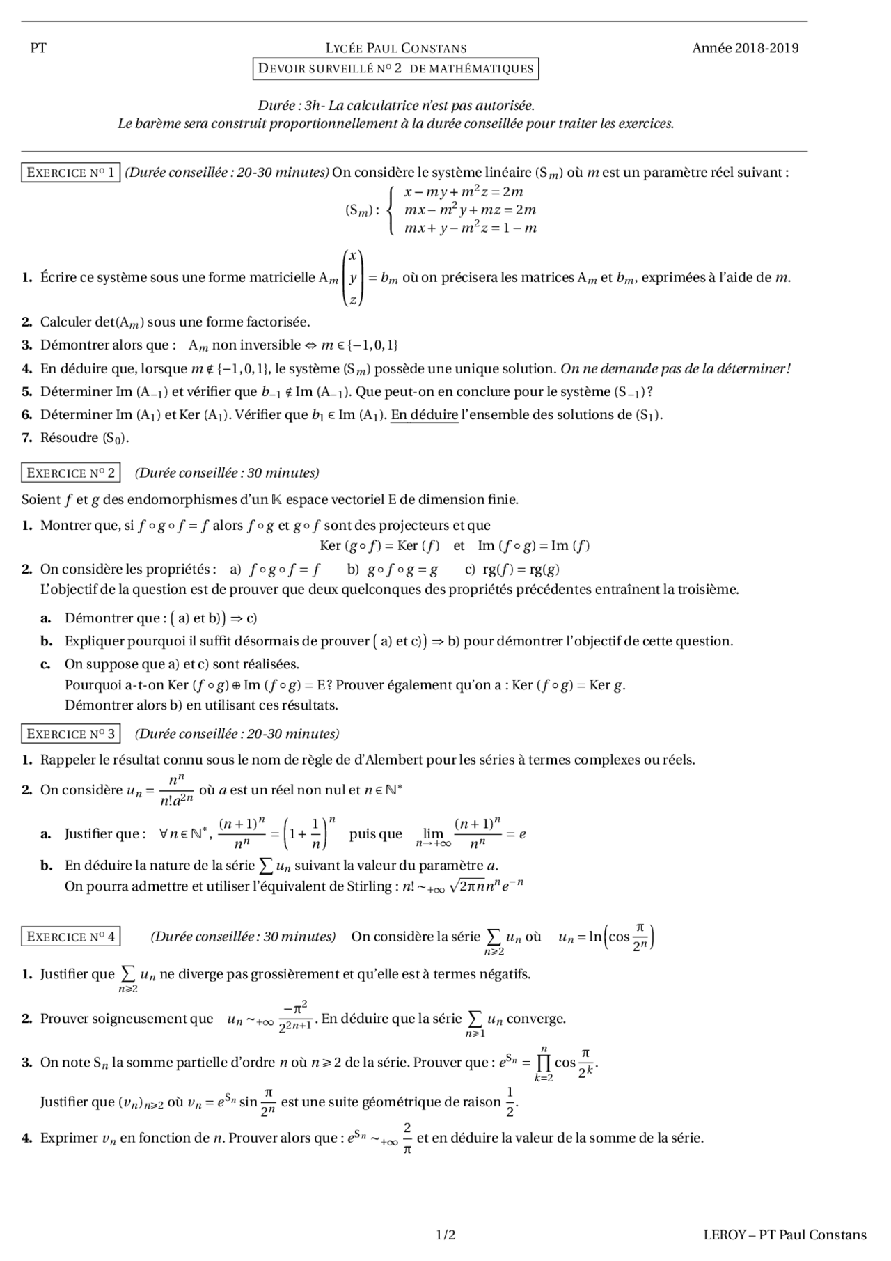 Devoir surveillé no 2 de mathématiques - Docsity