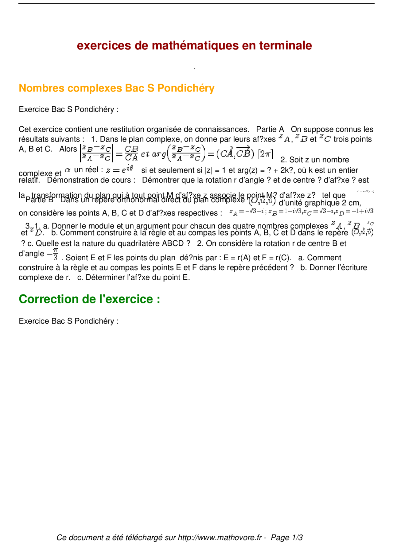 Exercices De Mathématiques En Terminale Bac S Pondichéry Docsity