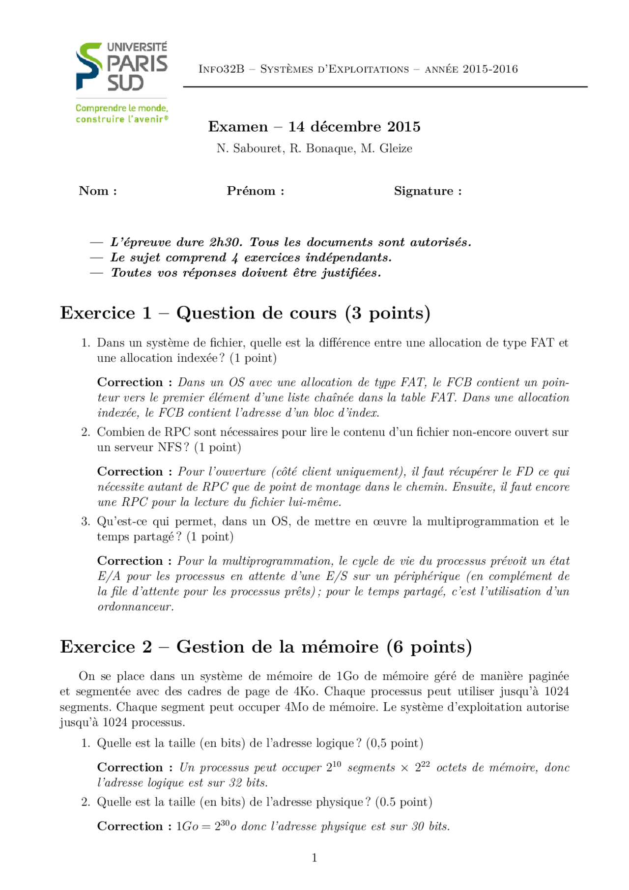 Examen Dinformatique 32b Systèmes Dexploitations Année 2015 2016