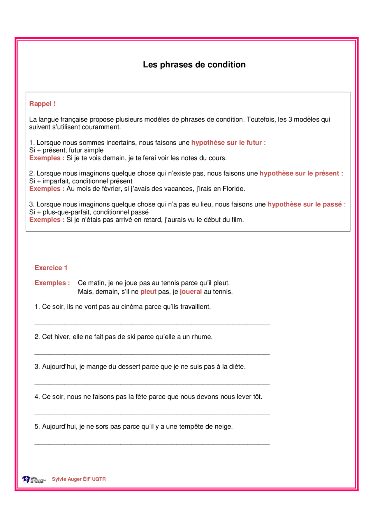 Les phrases de condition - Docsity