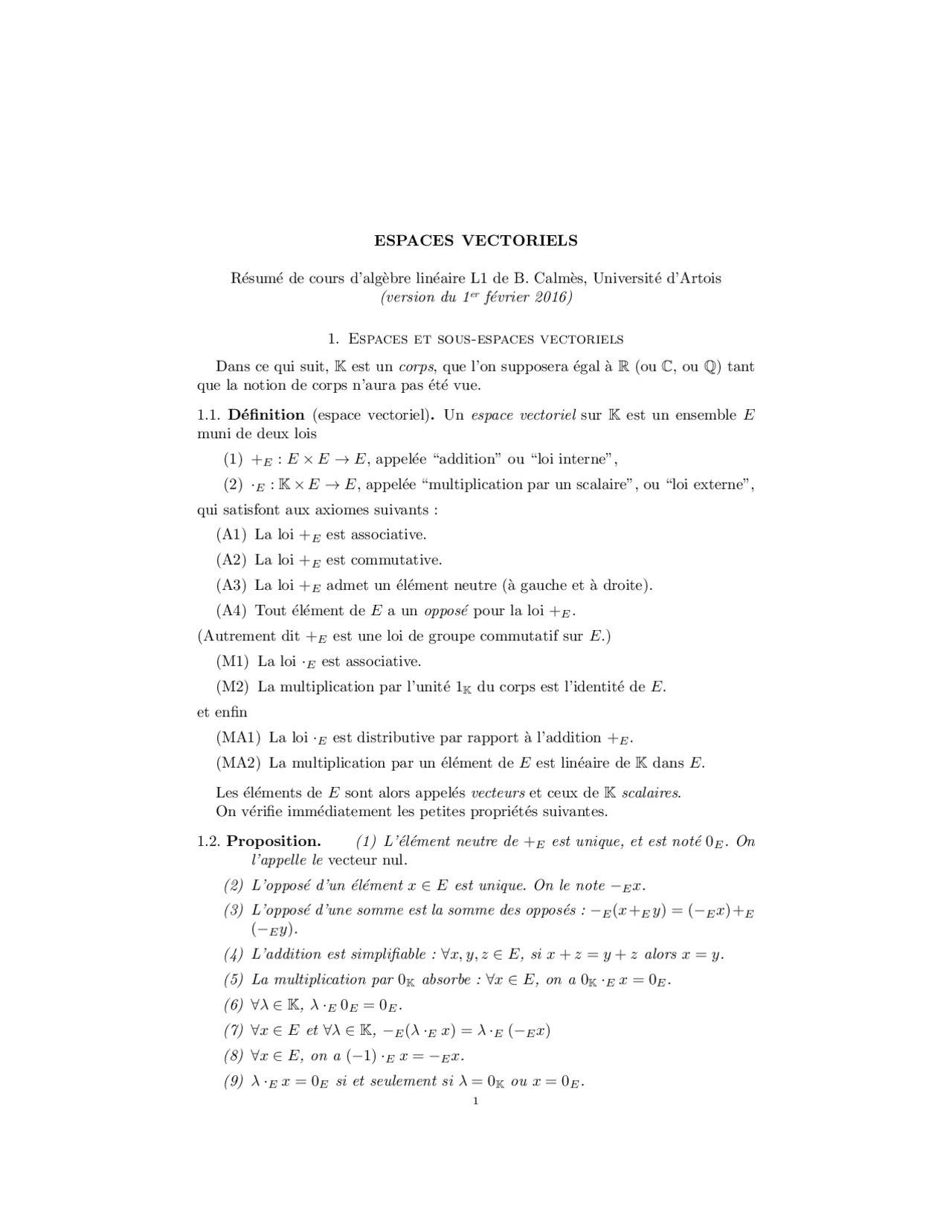 Espaces Vectoriels Résumé De Cours Dalgebre Linéaire L1 Université D