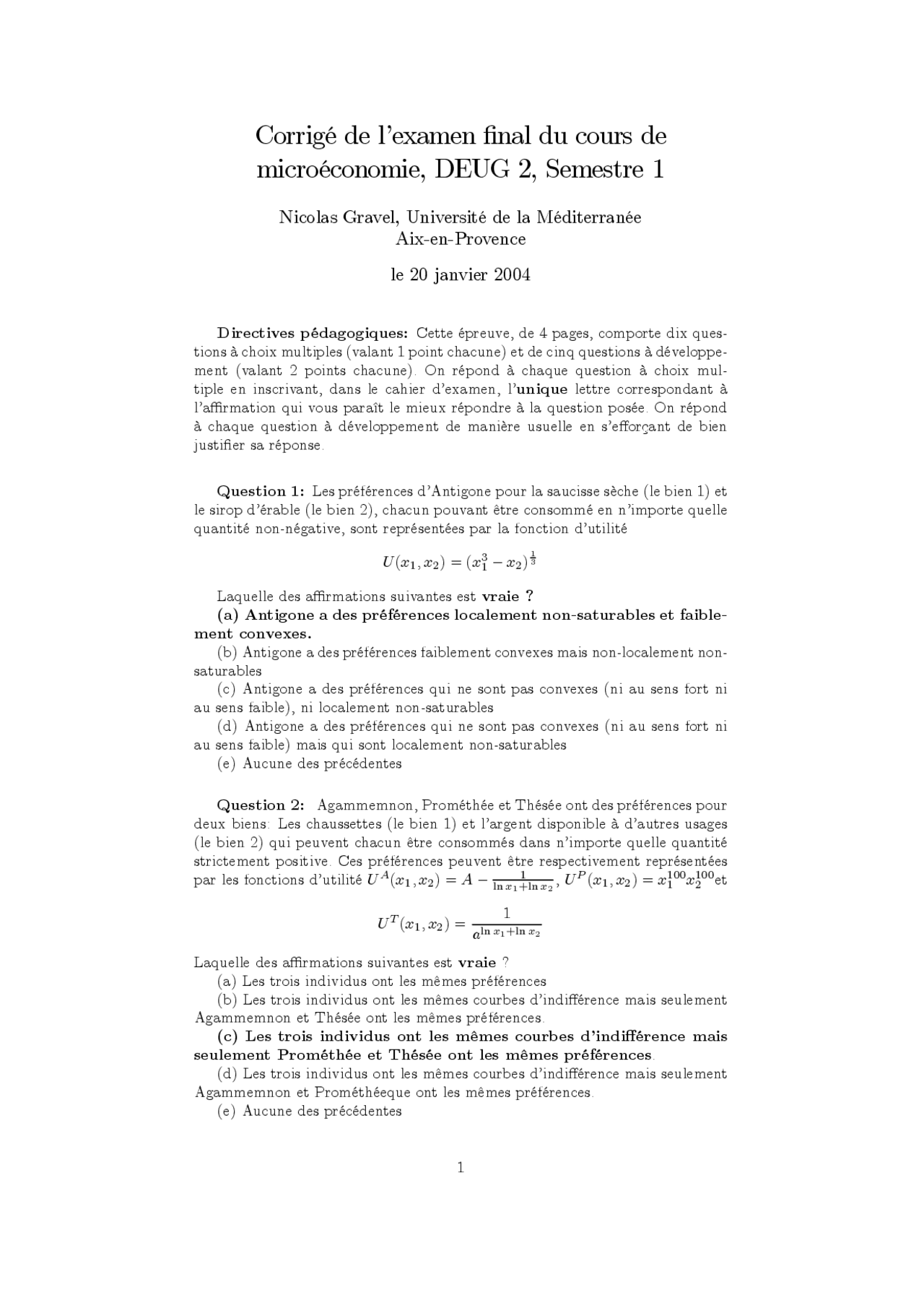 Corrigé De Lexamen Final Du Cours De Microéconomie Deug 2 Semestre 1