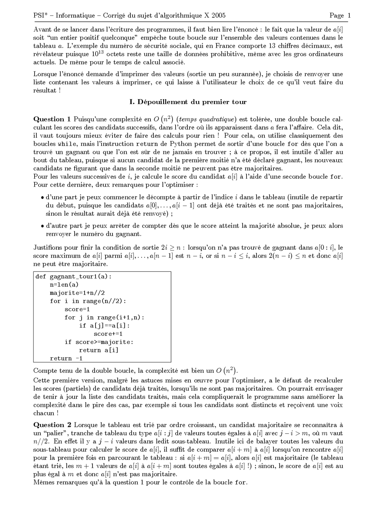 Psi Informatique Corrigé Du Sujet Dalgorithmique X 2005 Docsity