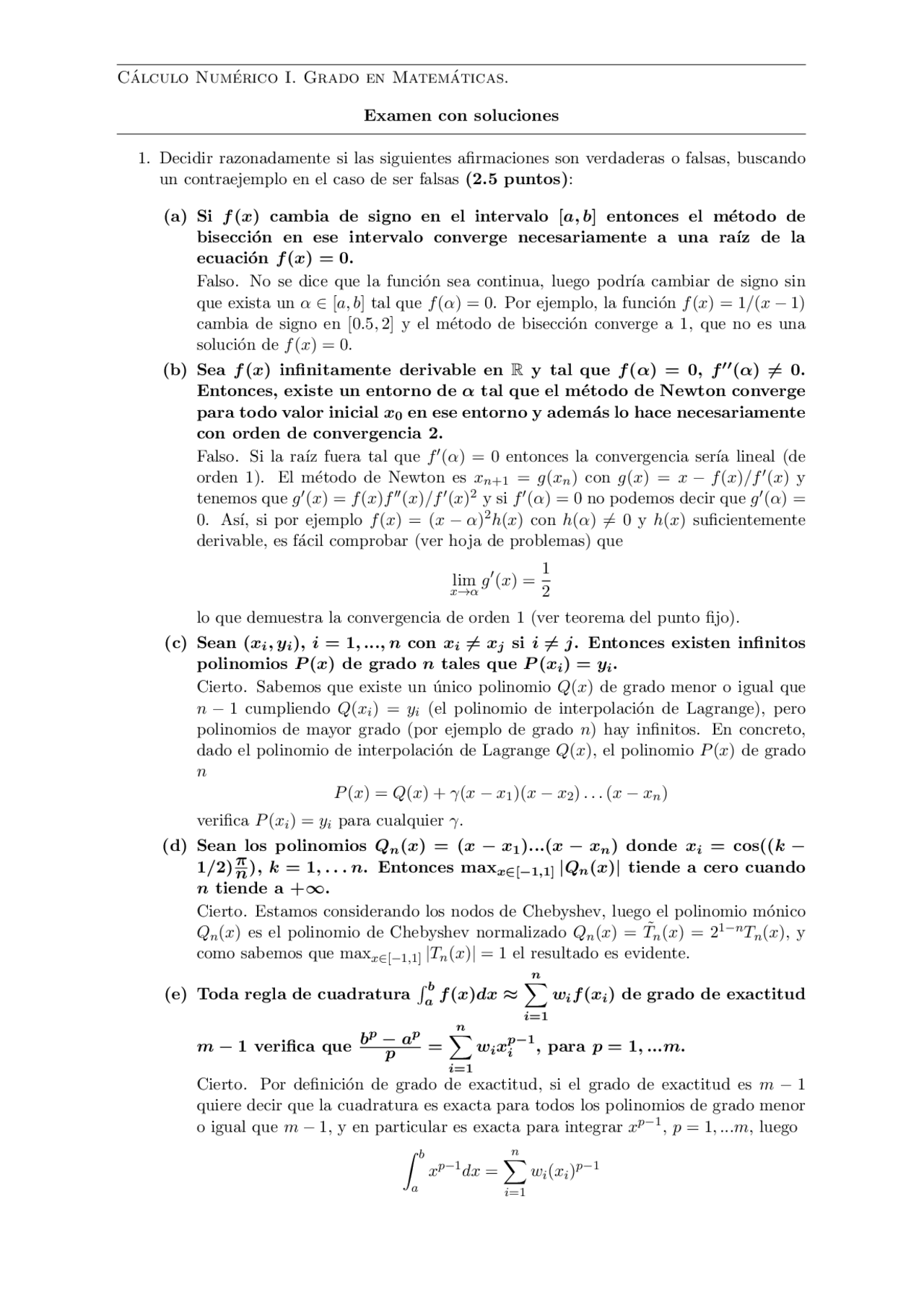 Càlculo numérico I grado en matemàticas: examen con soluciones - Docsity