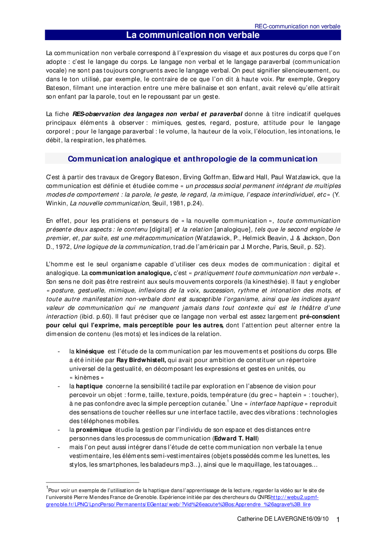 La communication non verbale: communication analogique et anthropologie de la communication ...