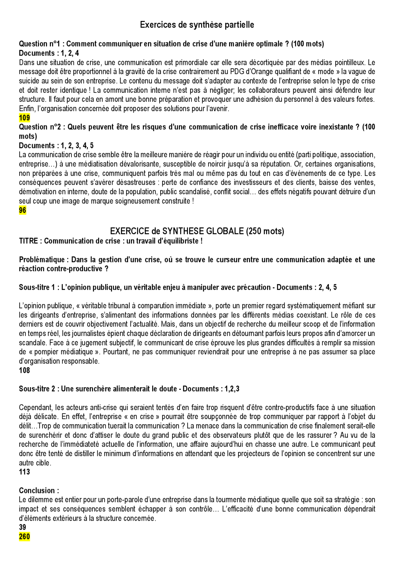 Exercices De Synthèse Partielle Et Globale Docsity